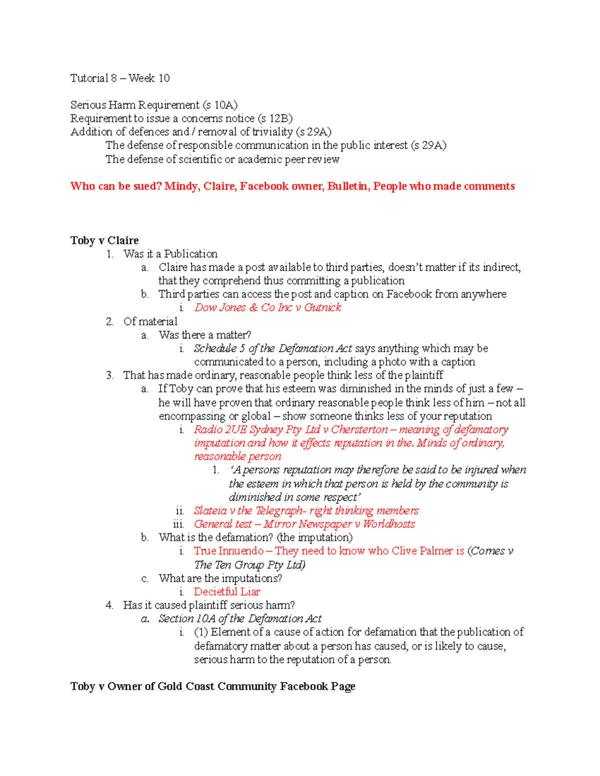 Tutorial 8 - Week 10 - Tutorial 8 – Week 10 Serious Harm Requirement (s 10A) Requirement to ...