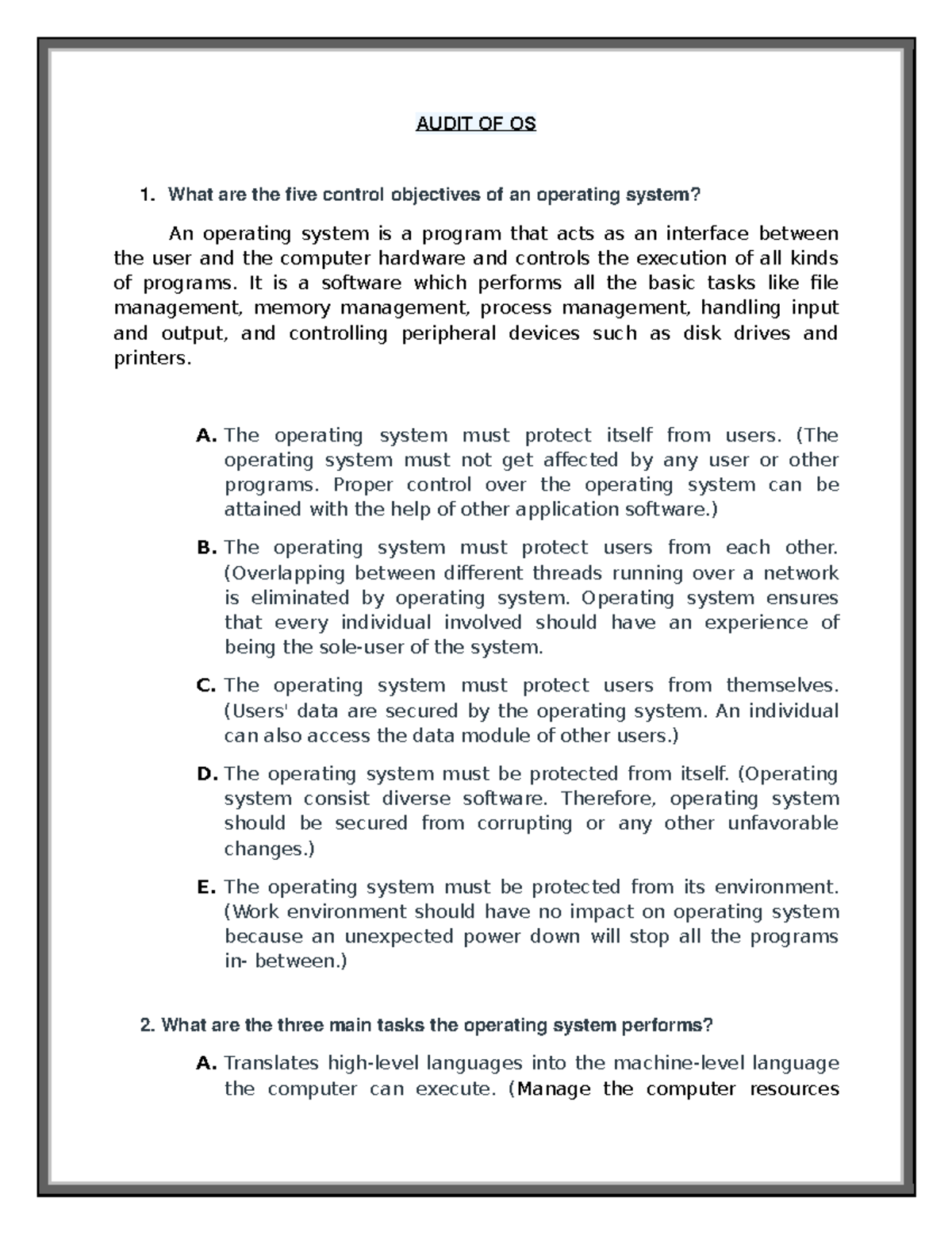 Audit OF Operating System - AUDIT OF OS 1. What are the five control ...