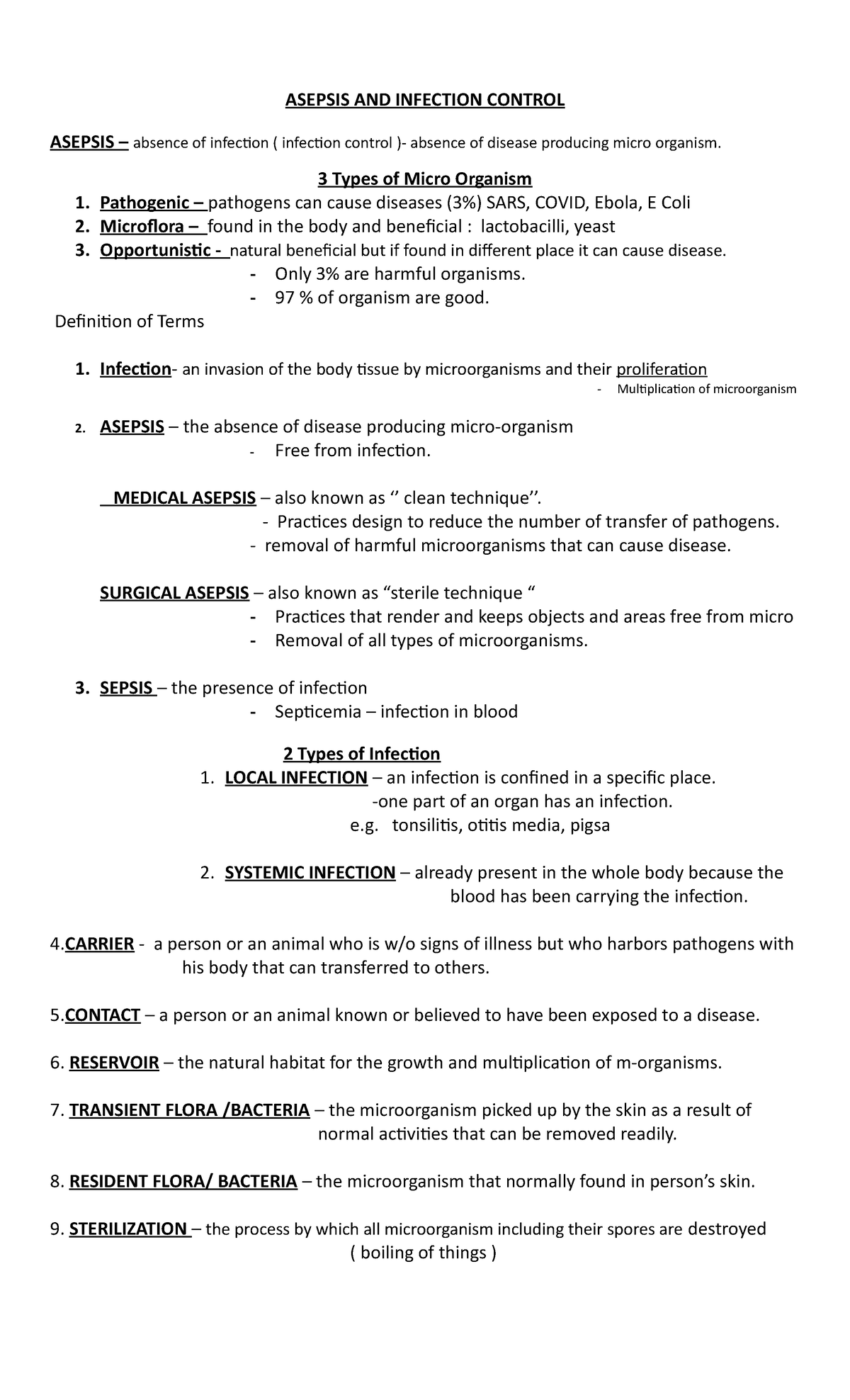Caregiving - LECTURE NOTES - ASEPSIS AND INFECTION CONTROL ASEPSIS ...