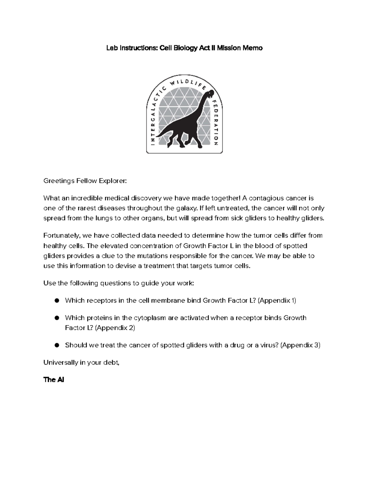 Lab Instructions Cell Biology Act II Mission Memo - Lab Instructions: Cell Biology Act II ...