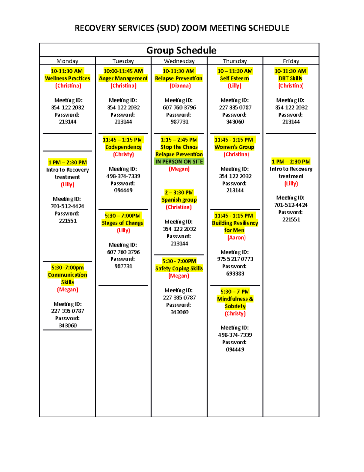 SUD Group Schedule effective July 1 2022 telehealth and in person ...