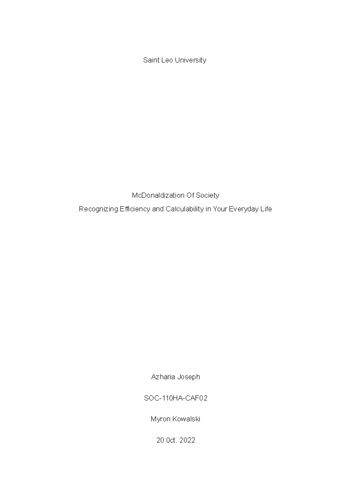 Mcdonaldization Term paper 1 copy - Saint Leo University ...