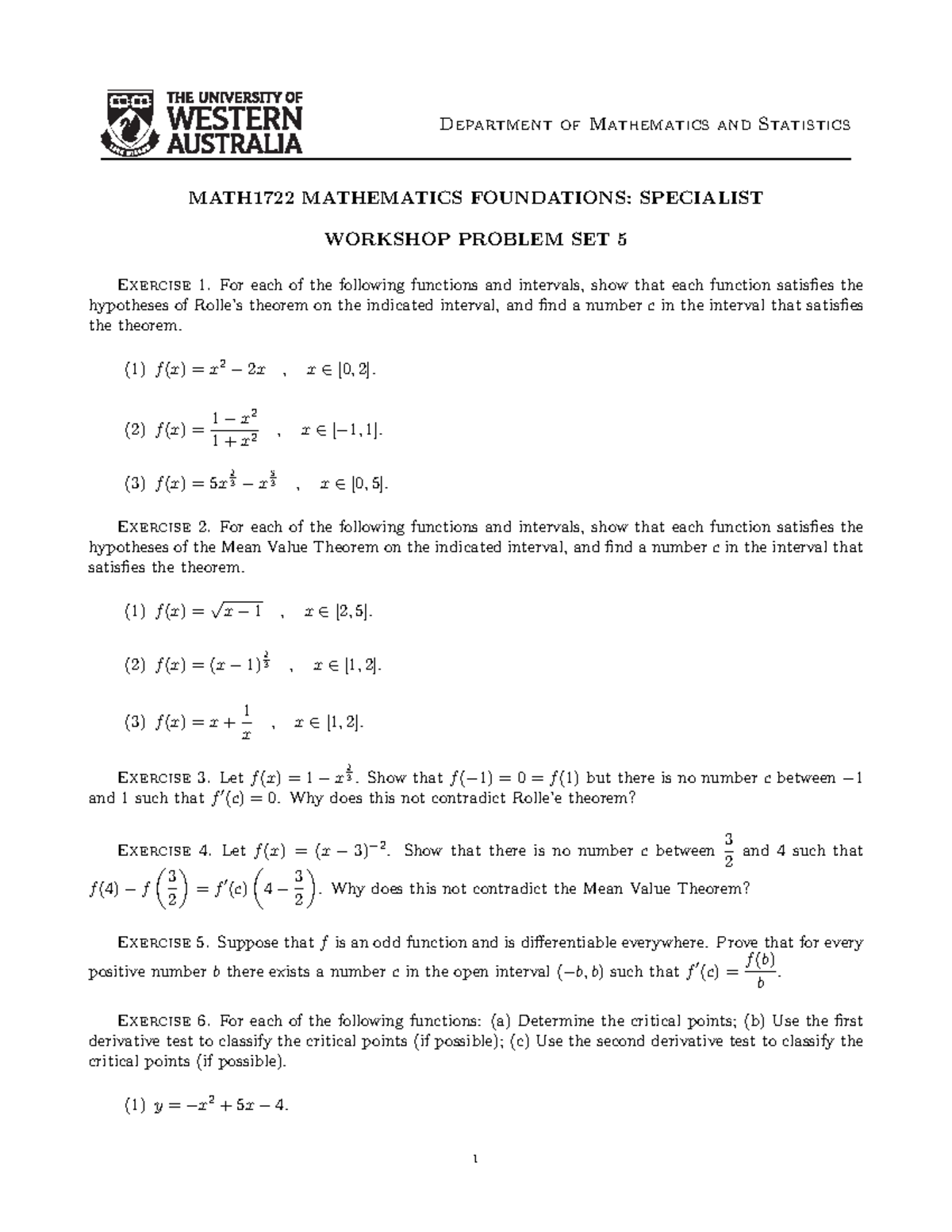 Week 5 workshop - Department of Mathematics and Statistics MATH1722 ...