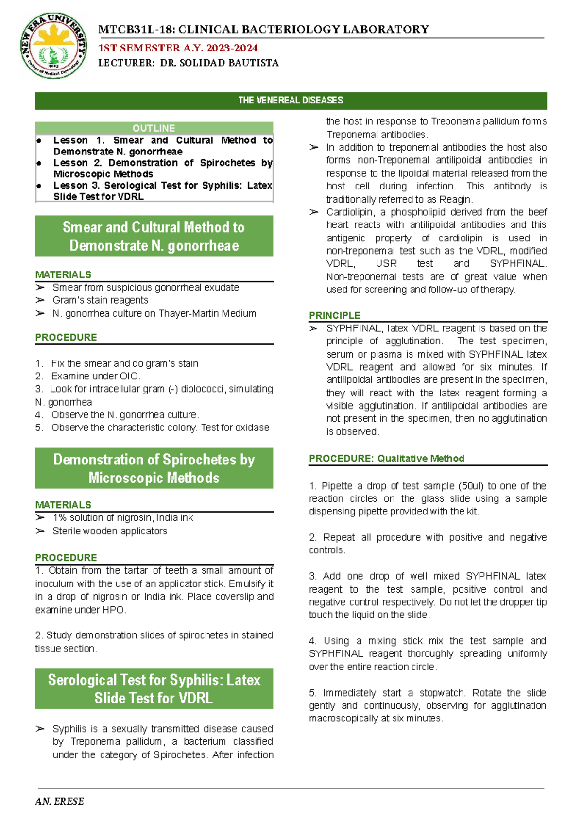 M10 Venereal Bacte Lab - MTCB31L-18: CLINICAL BACTERIOLOGY LABORATORY 1ST SEMESTER A. 2023 ...