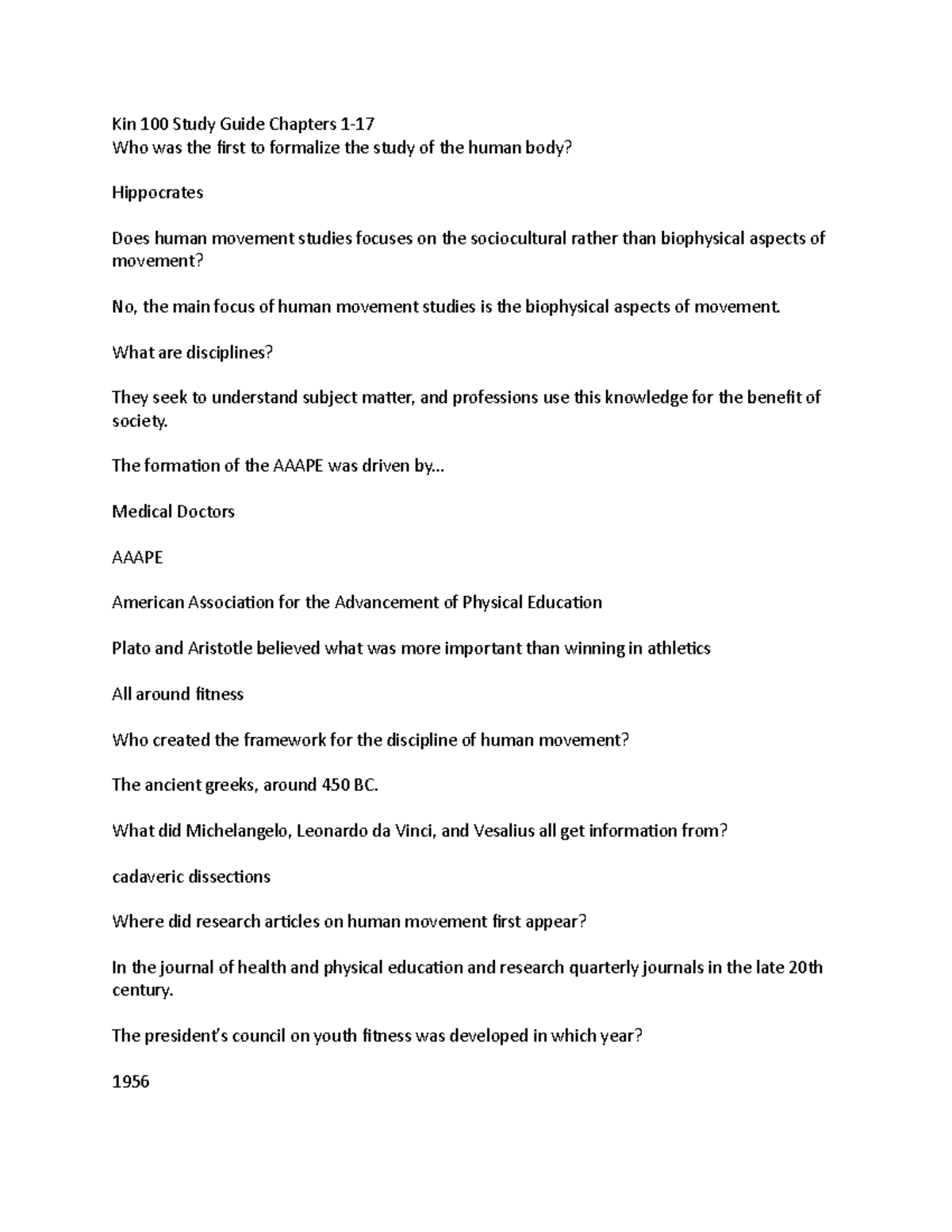 Kin 100 Study Guide Chapters 1 - Kin 100 Study Guide Chapters 1-17Who ...