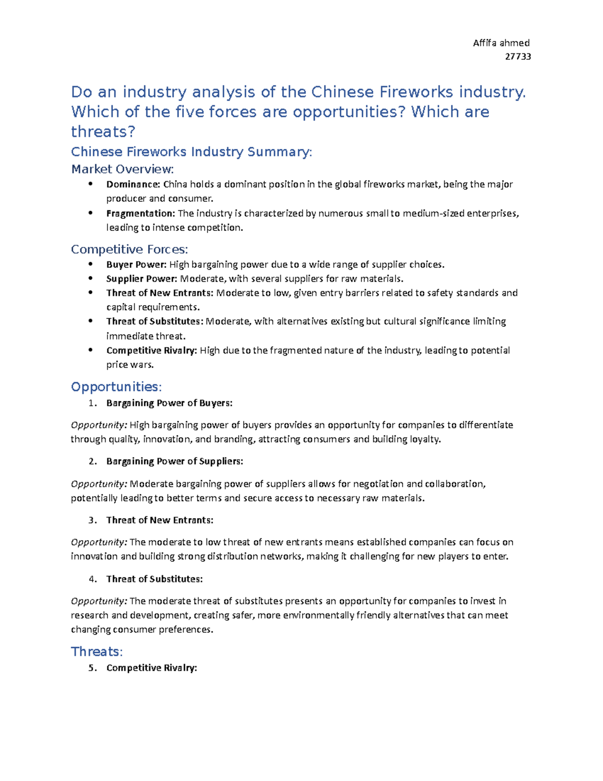 Chinese firework industry - Which of the five forces are opportunities ...
