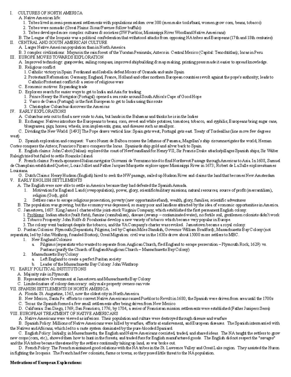 Apush Notes - I. CULTURES OF NORTH AMERICA A. Native American life ...