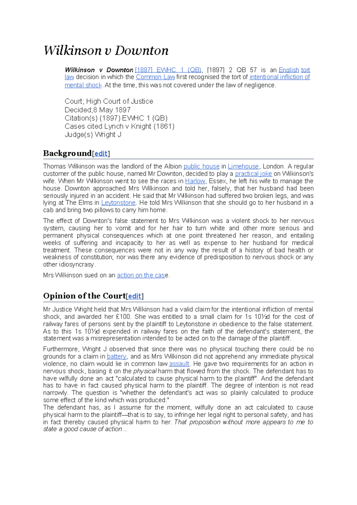 Wilkinson v Downton - summary notes - Wilkinson v Downton Wilkinson v ...