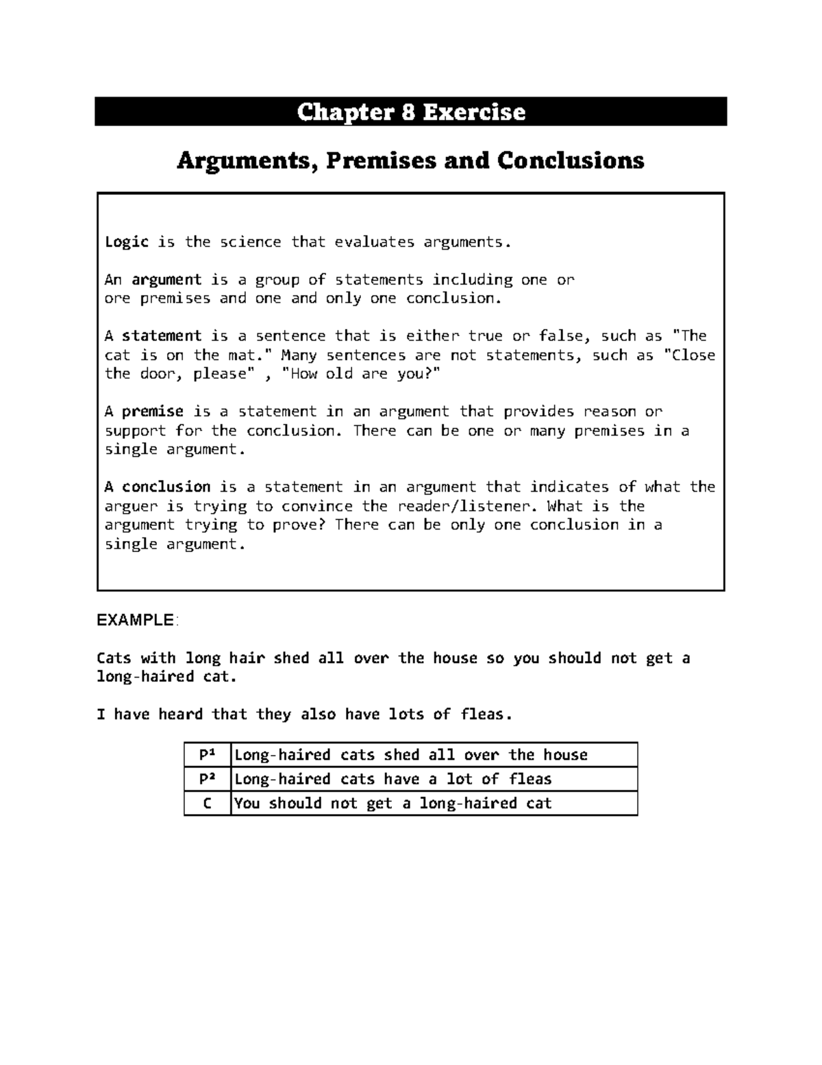 Chapter 8 Exercise Arguments Premises Conclusions - Chapter 8 Exercise ...