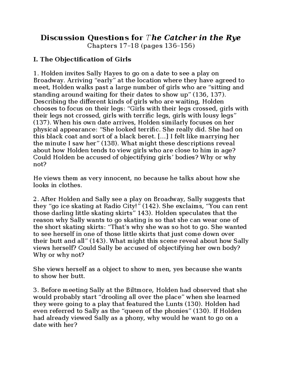 Chapters+17+-+18+Study+Guide - Discussion Questions for The Catcher in ...