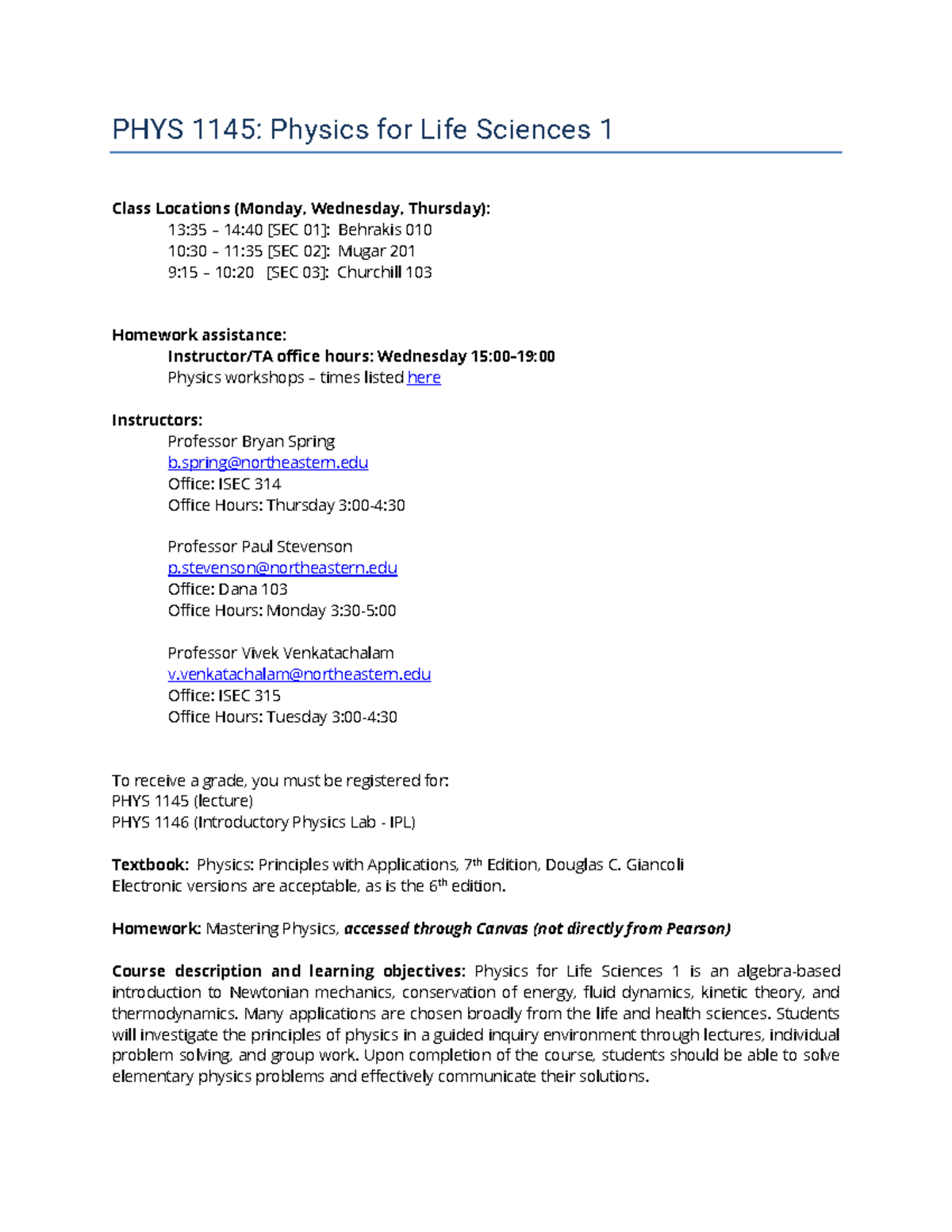 PHYS1145 Fall2024 Syllabus - PHYS 1145: Physics for Life Sciences 1 Class Locations (Monday ...