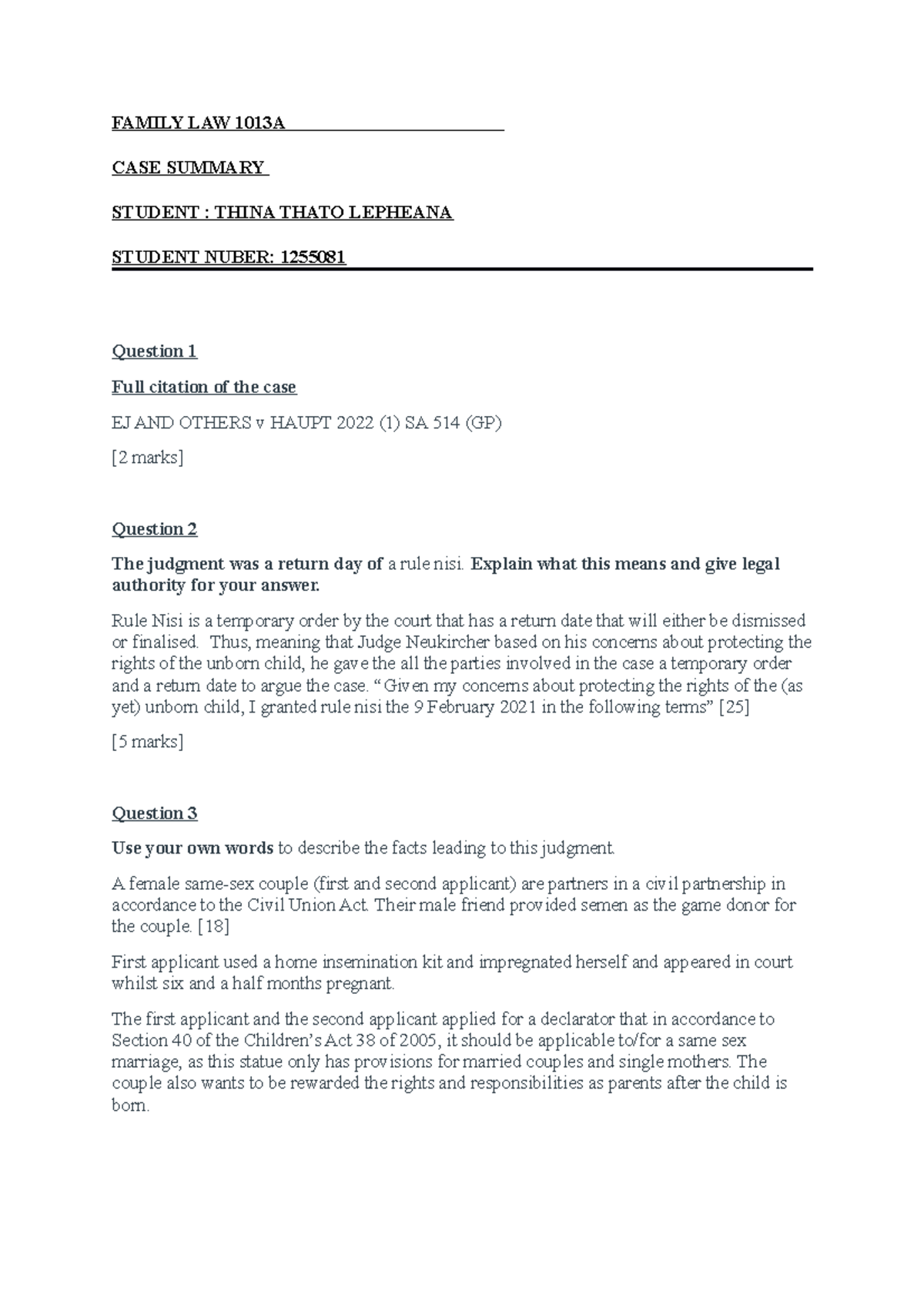 Family LAW 1013A - FAMILY LAW 1013A CASE SUMMARY STUDENT : THINA THATO ...
