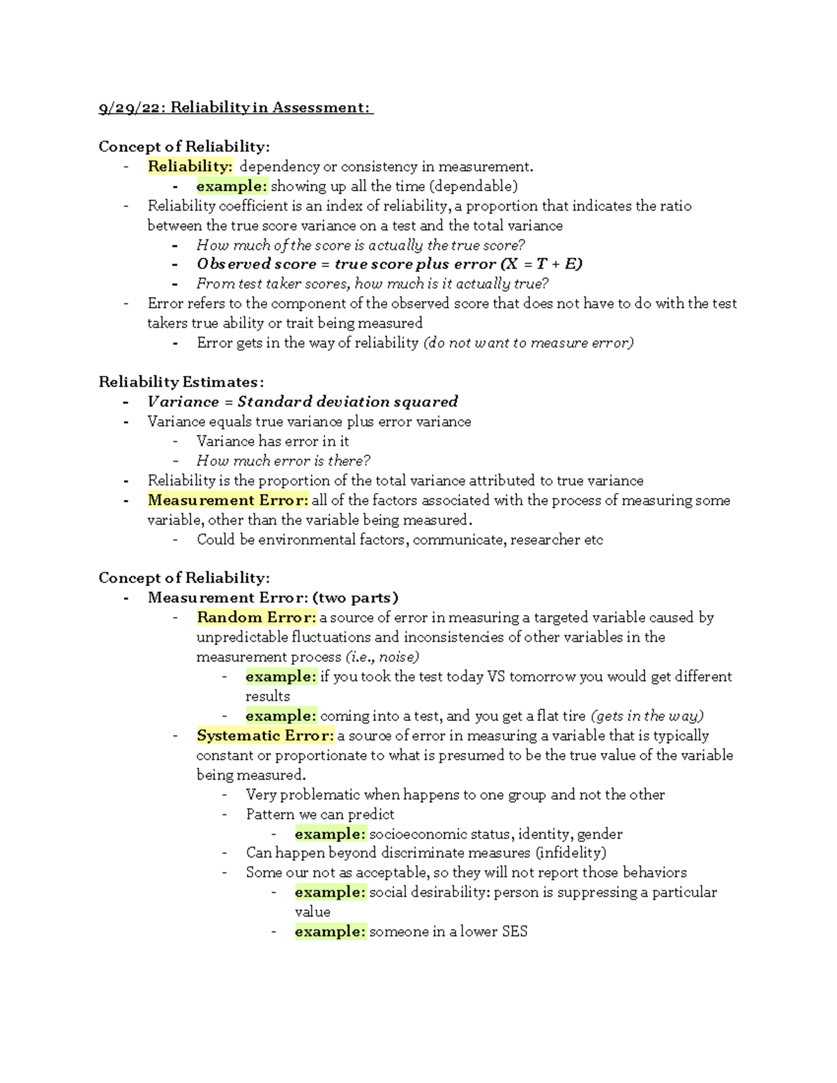 Psychological tests exam #2 - 9/29/22: Reliability in Assessment ...