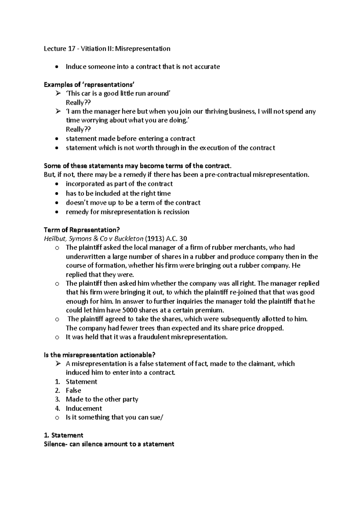 Vitiation II- Misrepresentation - Lecture 17 - Vitiation II ...