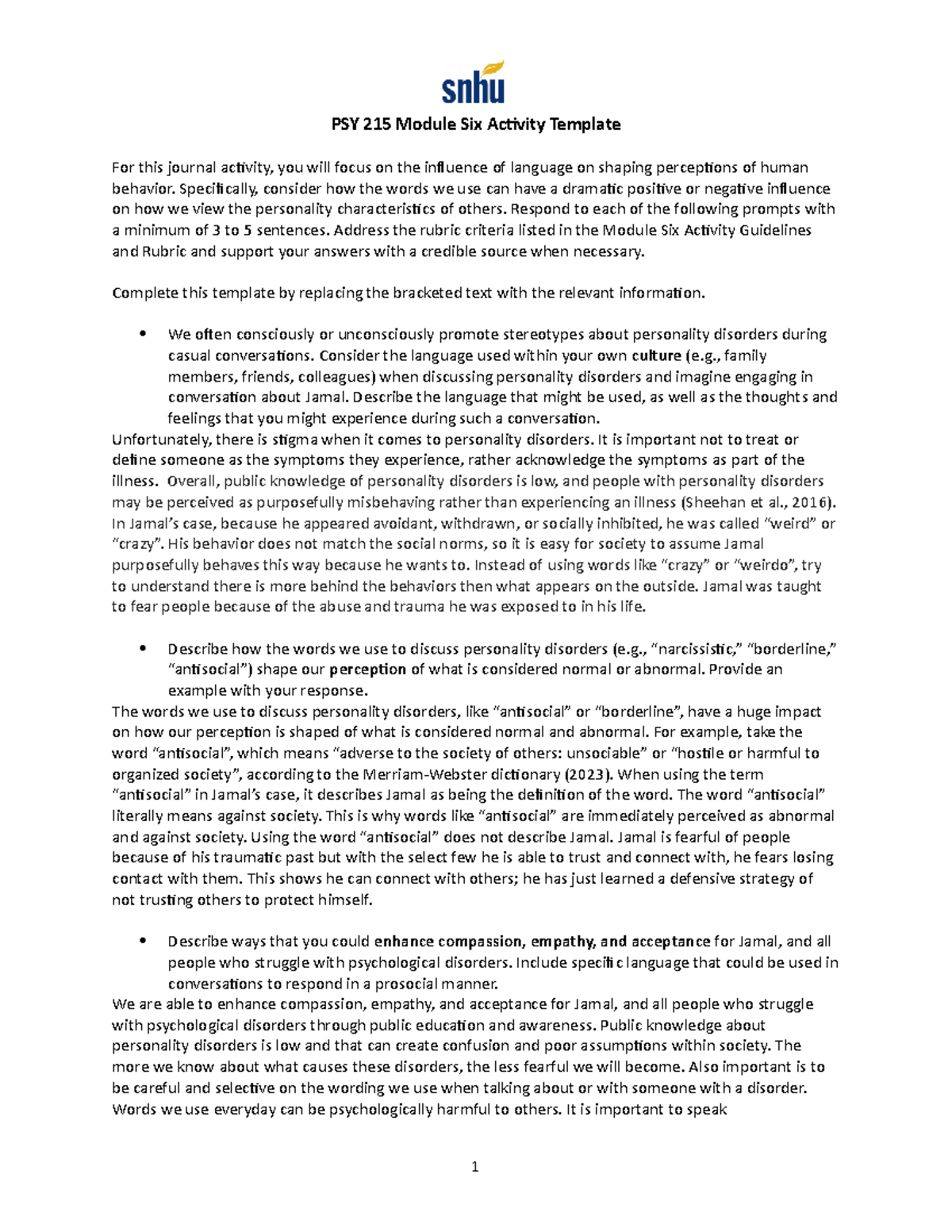 PSY 215 Module Six Activity Template - PSY 215 Module Six Activity ...