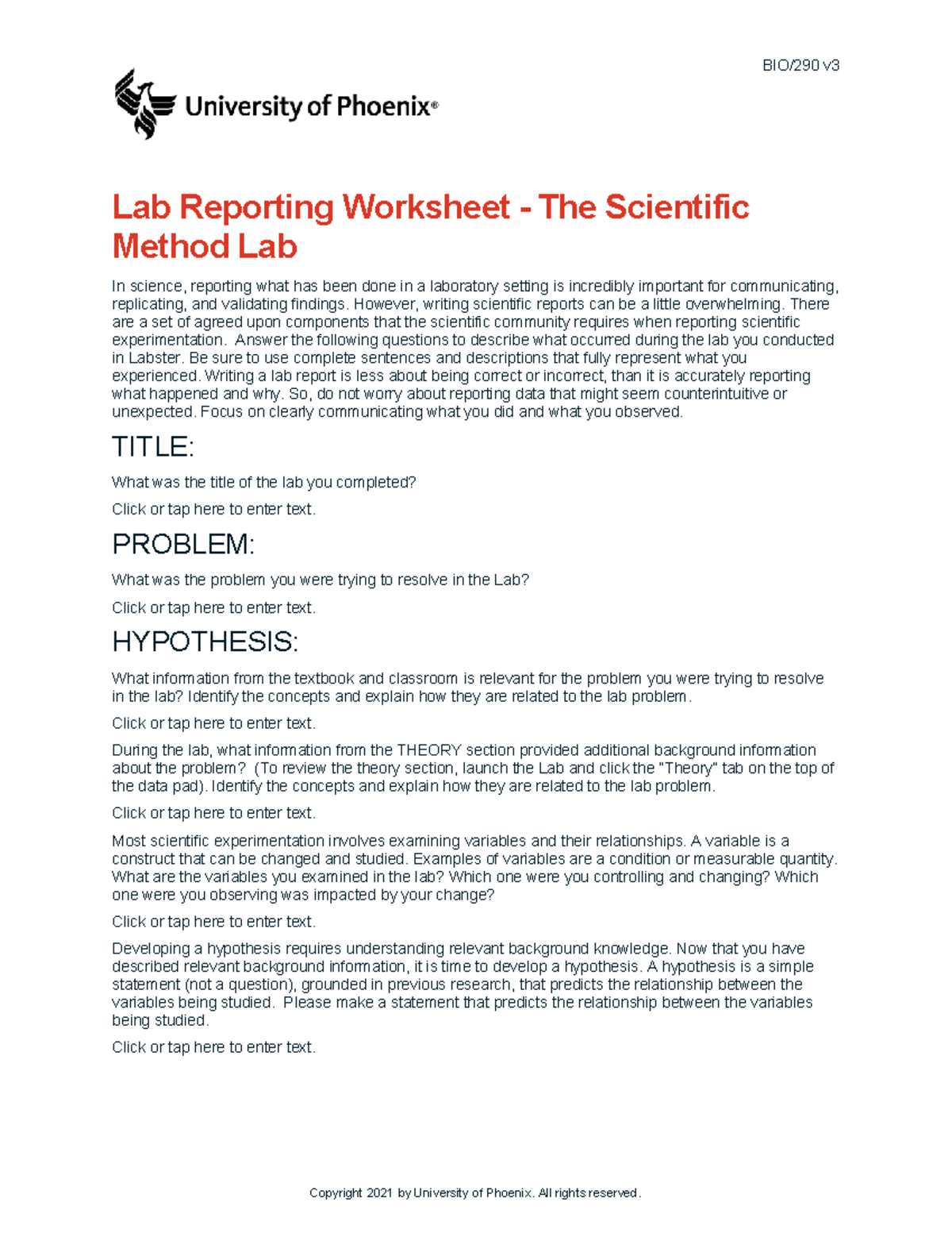Bio290 v3 wk1 the scientific method lab - BIO/290 v Lab Reporting ...