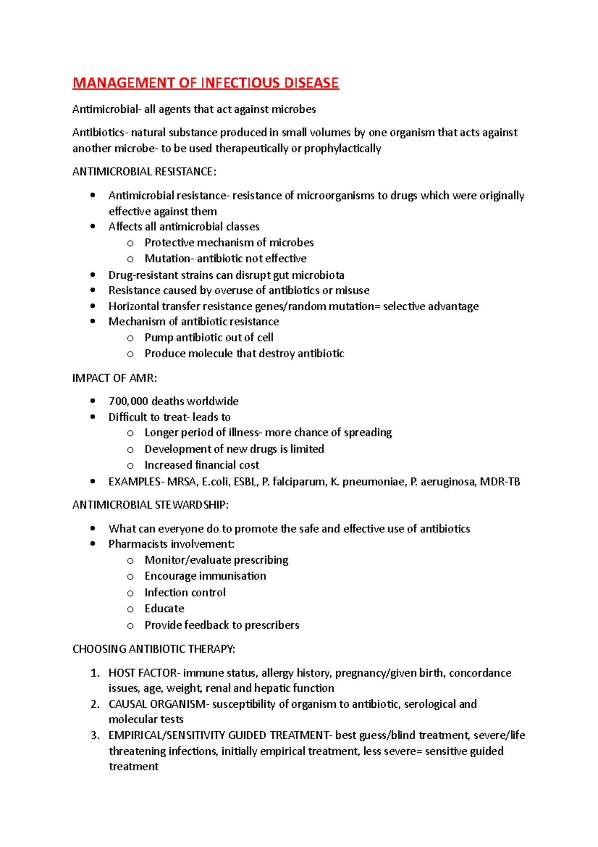 Management of conditions - MANAGEMENT OF INFECTIOUS DISEASE ...
