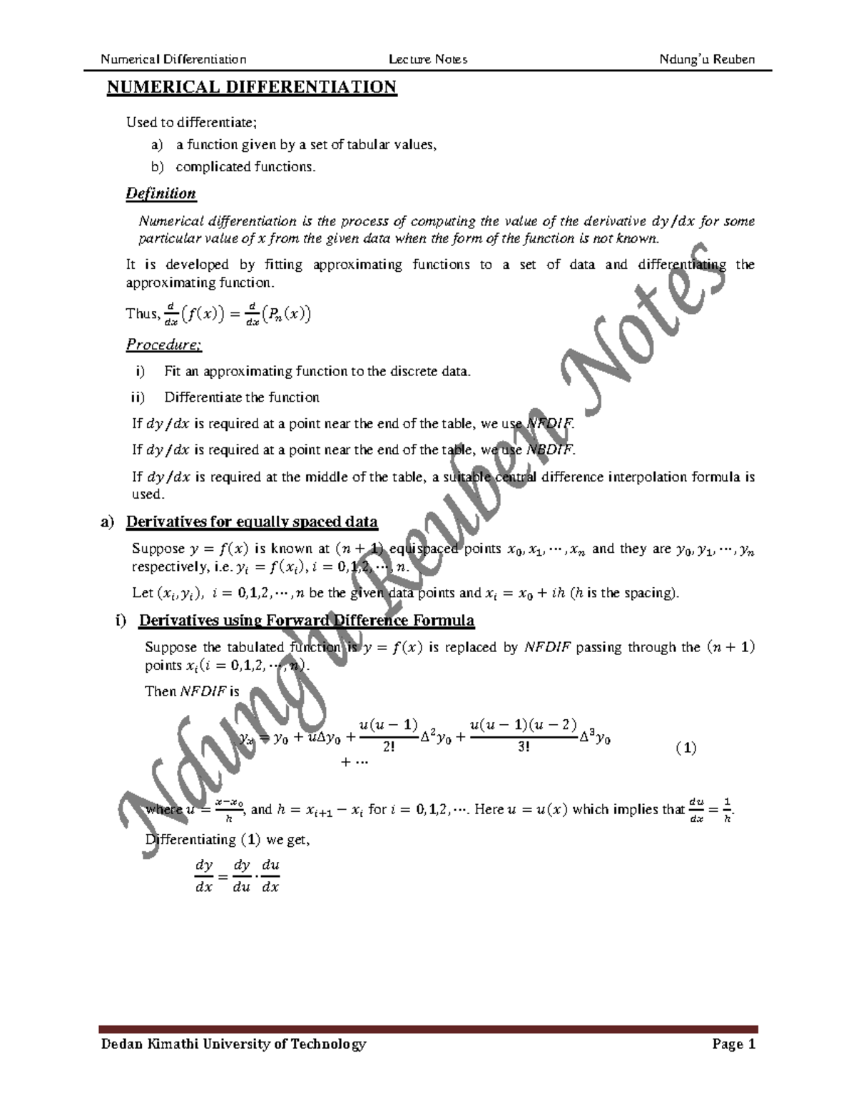 Numerical Differentiation - NUMERICAL DIFFERENTIATION Used to ...