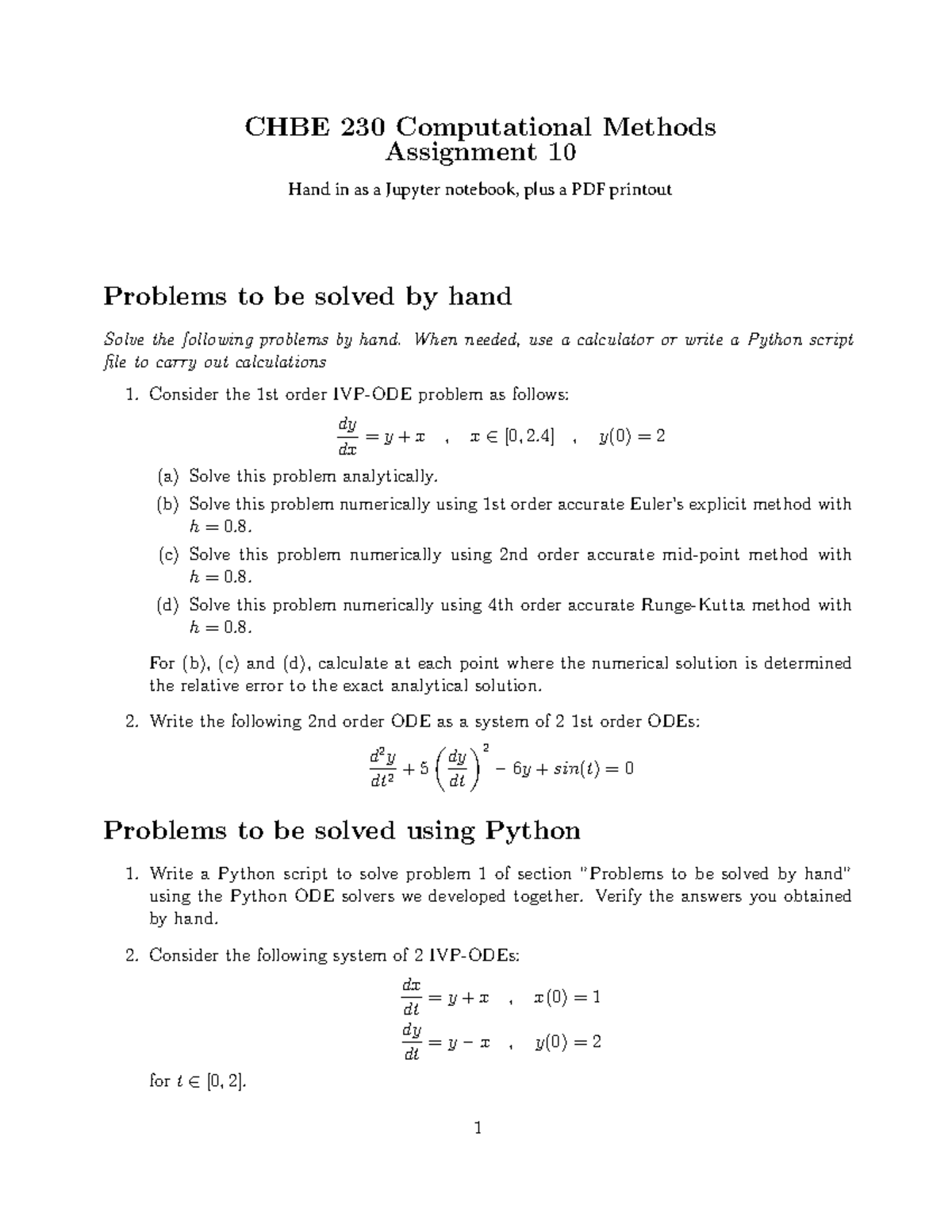 CHBE230 Case Study 10 - CHBE 230 Computational Methods Assignment 10 Hand in as a Jupyter ...