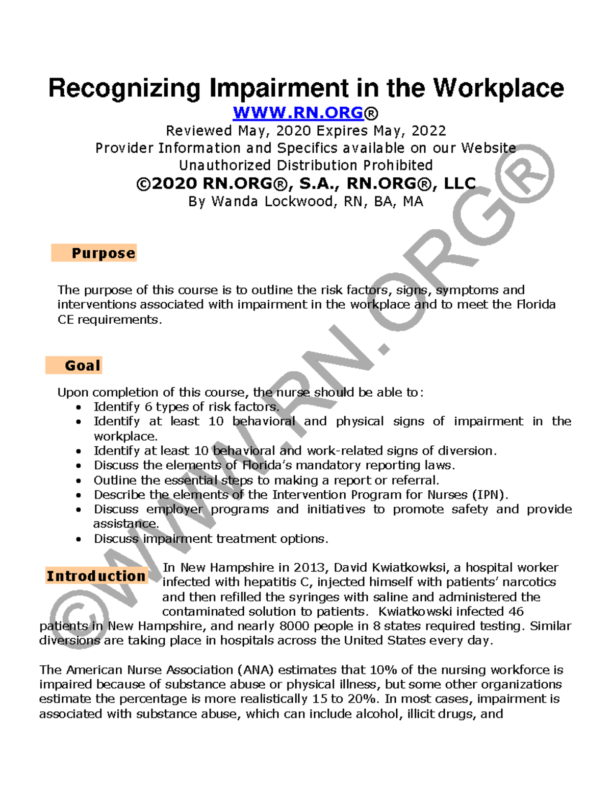 Nurse Impairment worksheet - Recognizing Impairment in the Workplace ...