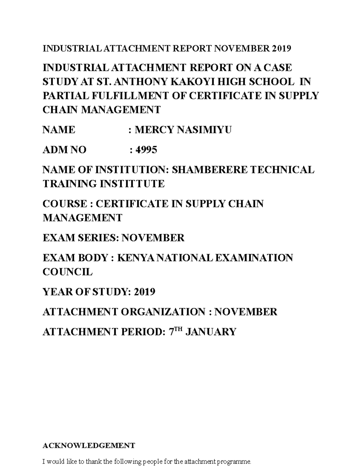 Industrial Attachment Report November 2019 Mercy - INDUSTRIAL ...