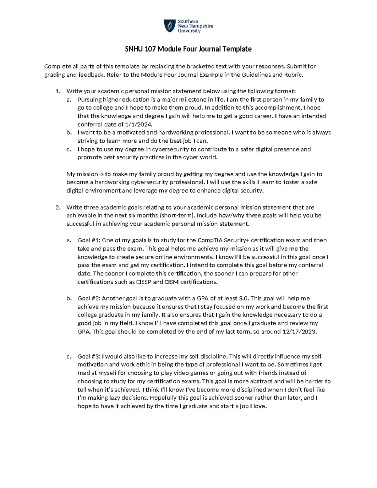 SNHU 107 Module Four Journal - Submit for grading and feedback. Refer ...