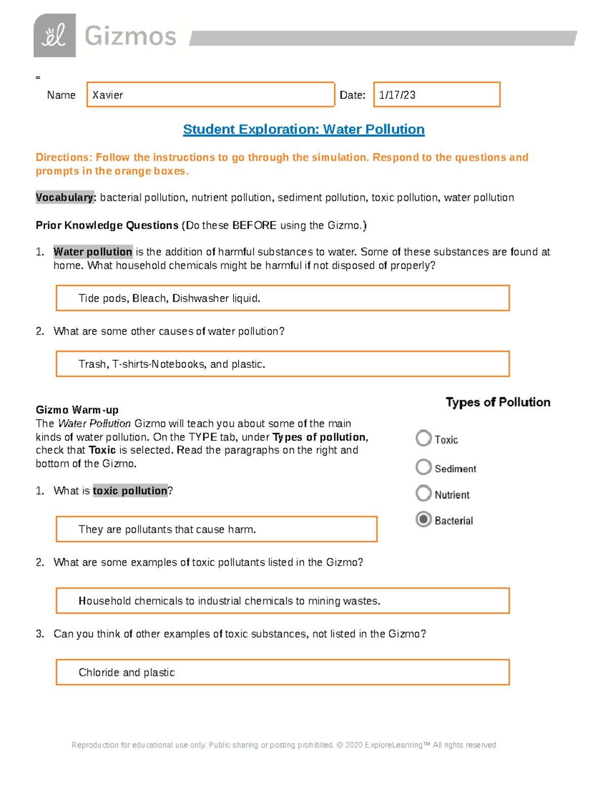 Water Pollution Gizmo - Gizmos Name Xavier Date: Student Exploration ...