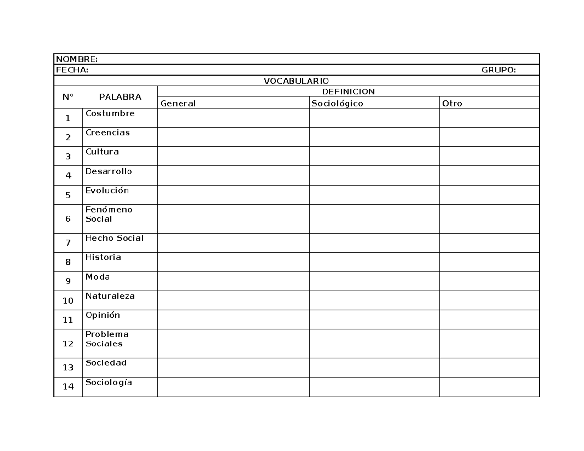 Vocabulario Sociologia 1 - Sociología - NOMBRE: FECHA: GRUPO ...