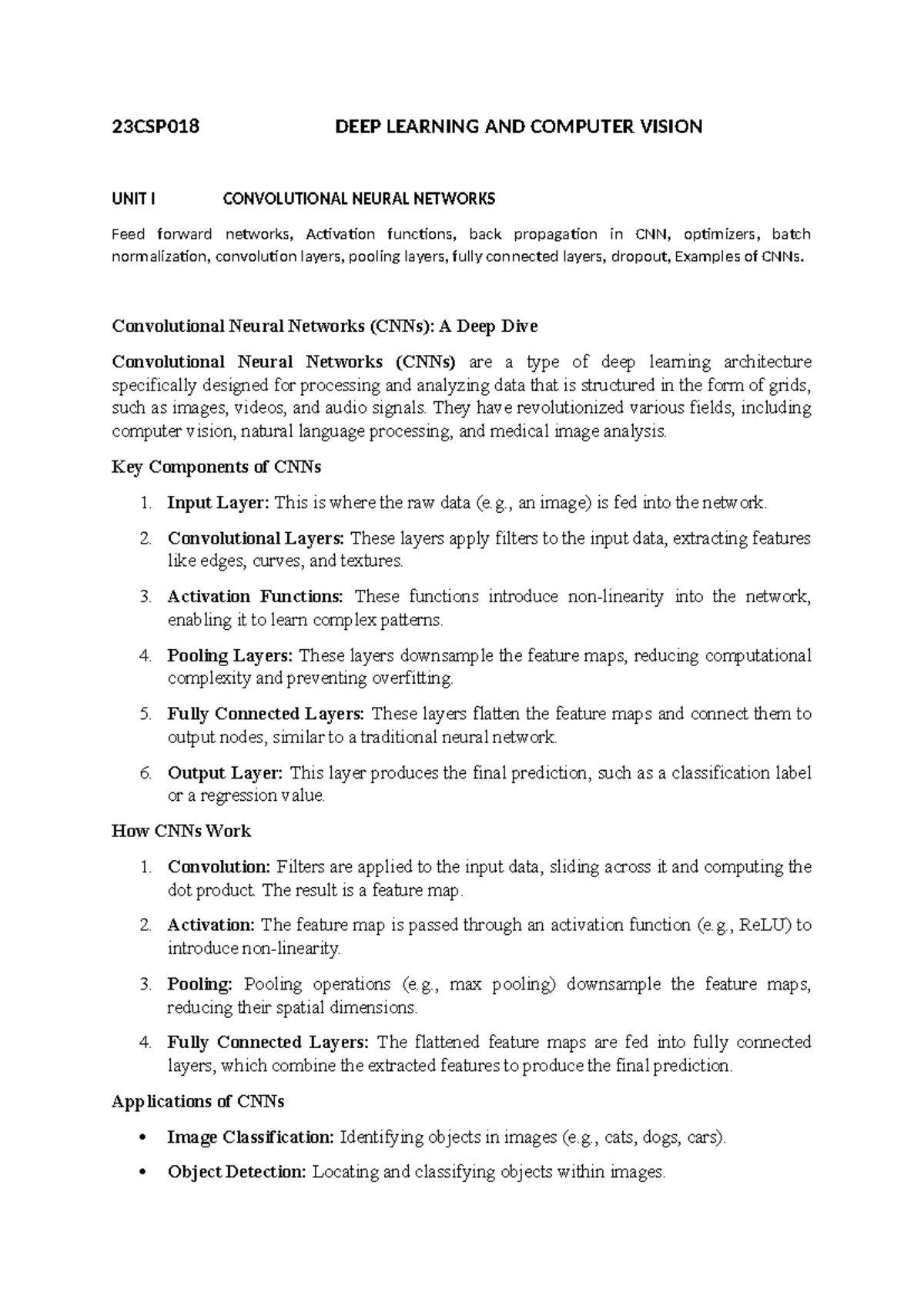 UNIT 1 - Convolutional Neural Networks - 23CSP018 DEEP LEARNING AND ...