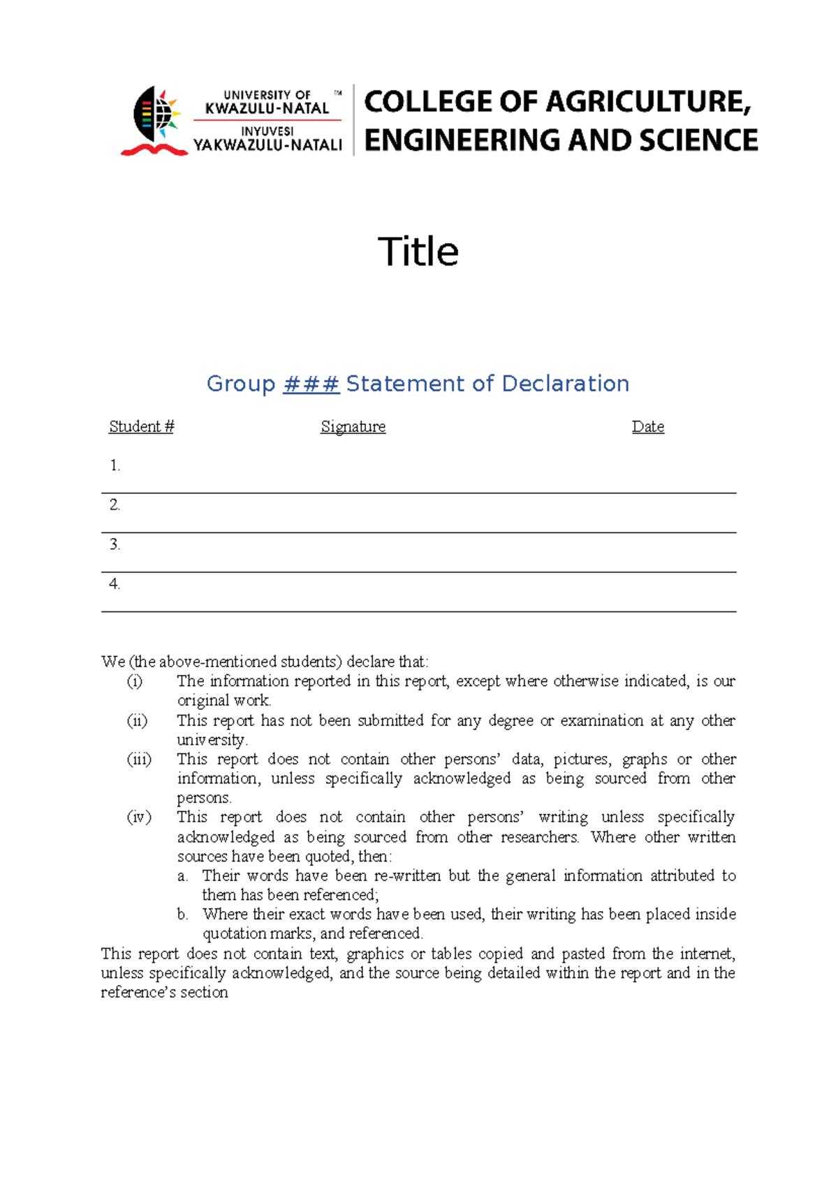Cover page declaration - Title Group ### Statement of Declaration ...