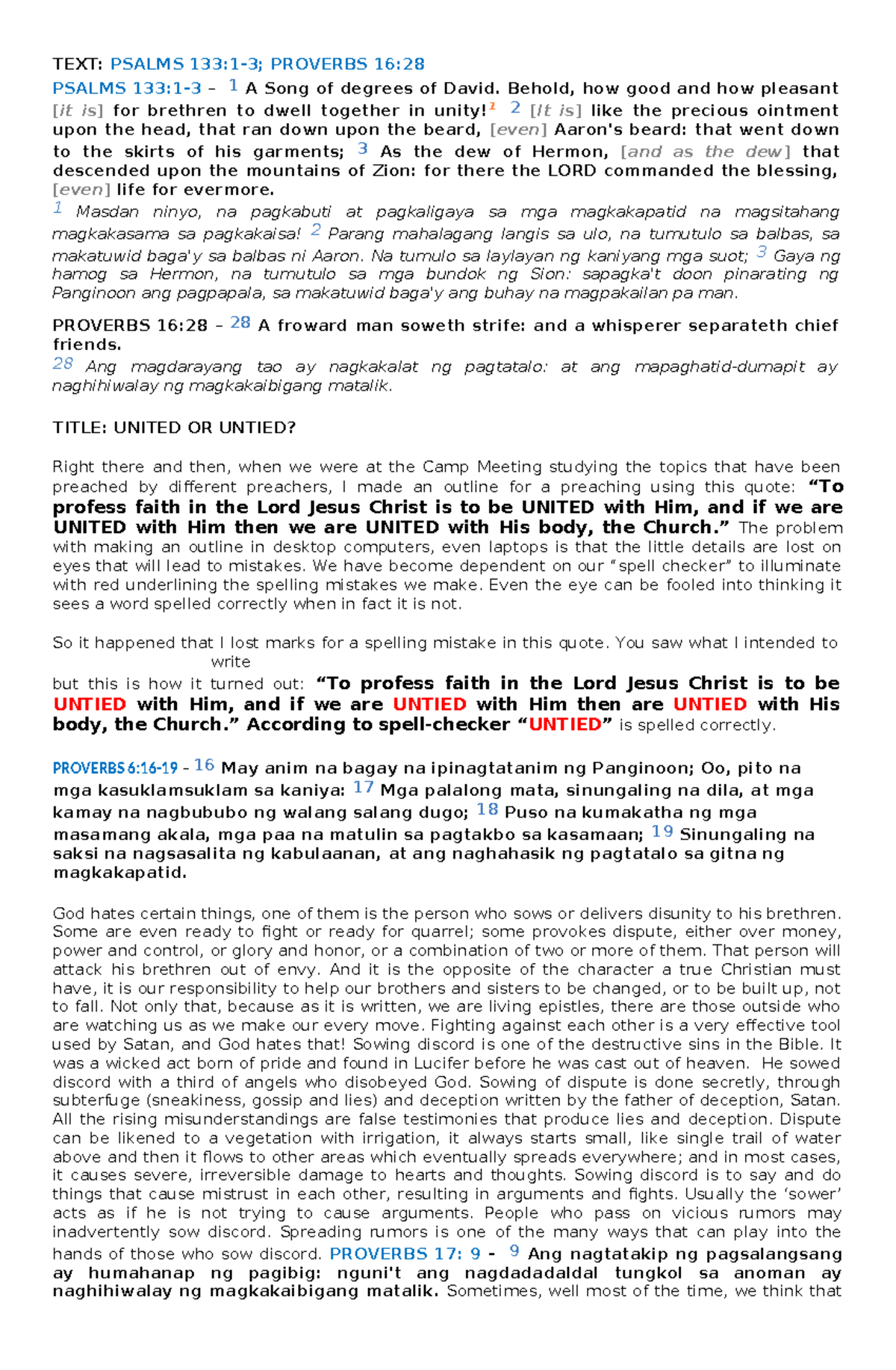 96. United OR Untied - preaching outline - TEXT: PSALMS 133:1-3 ...