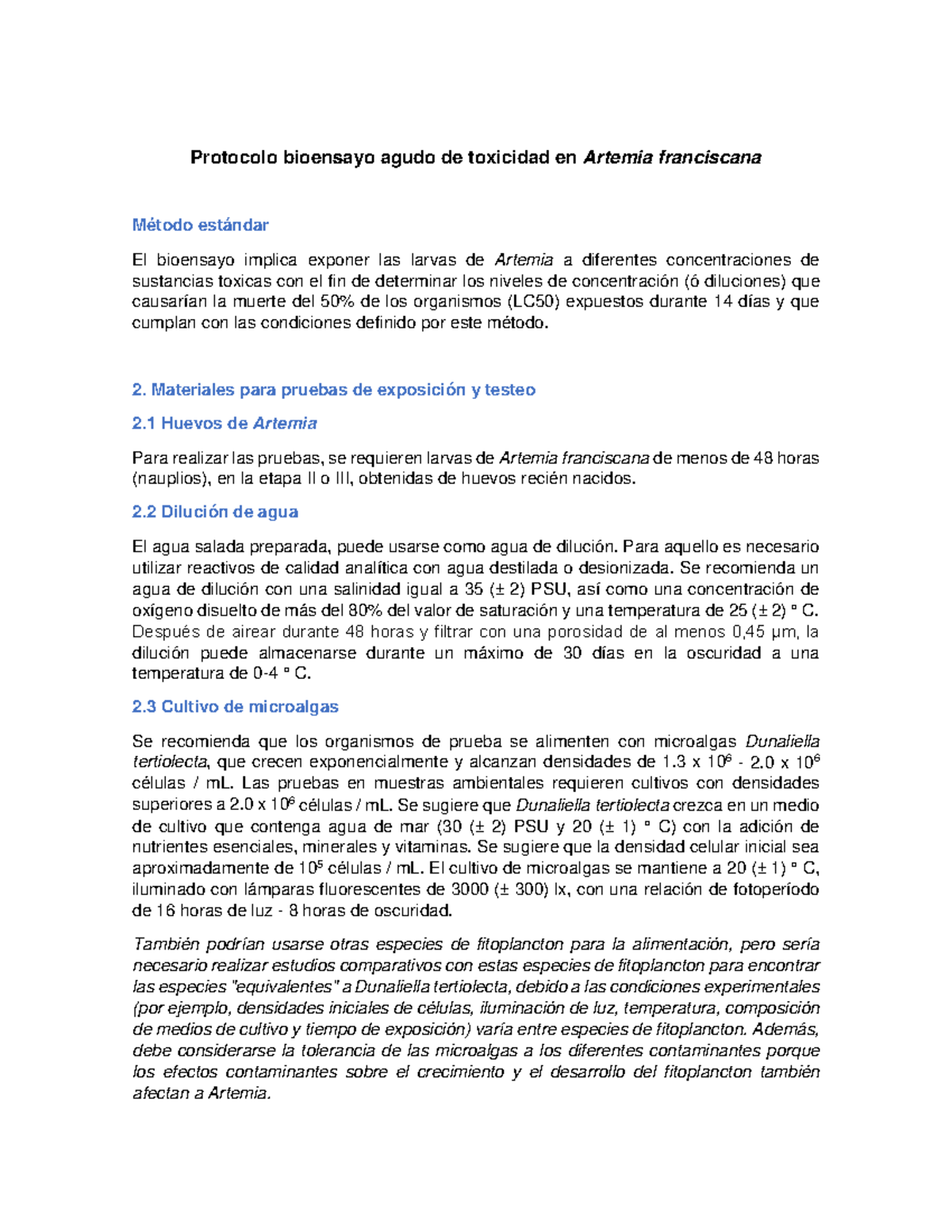 Bioensayo Artemia franciscana - Protocolo bioensayo agudo de toxicidad ...