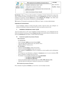 TP3 : ADMINISTRATION DE BASE DE DONNEES ORACLE - NB : Rendre un Compte Rendu à la fin de la ...