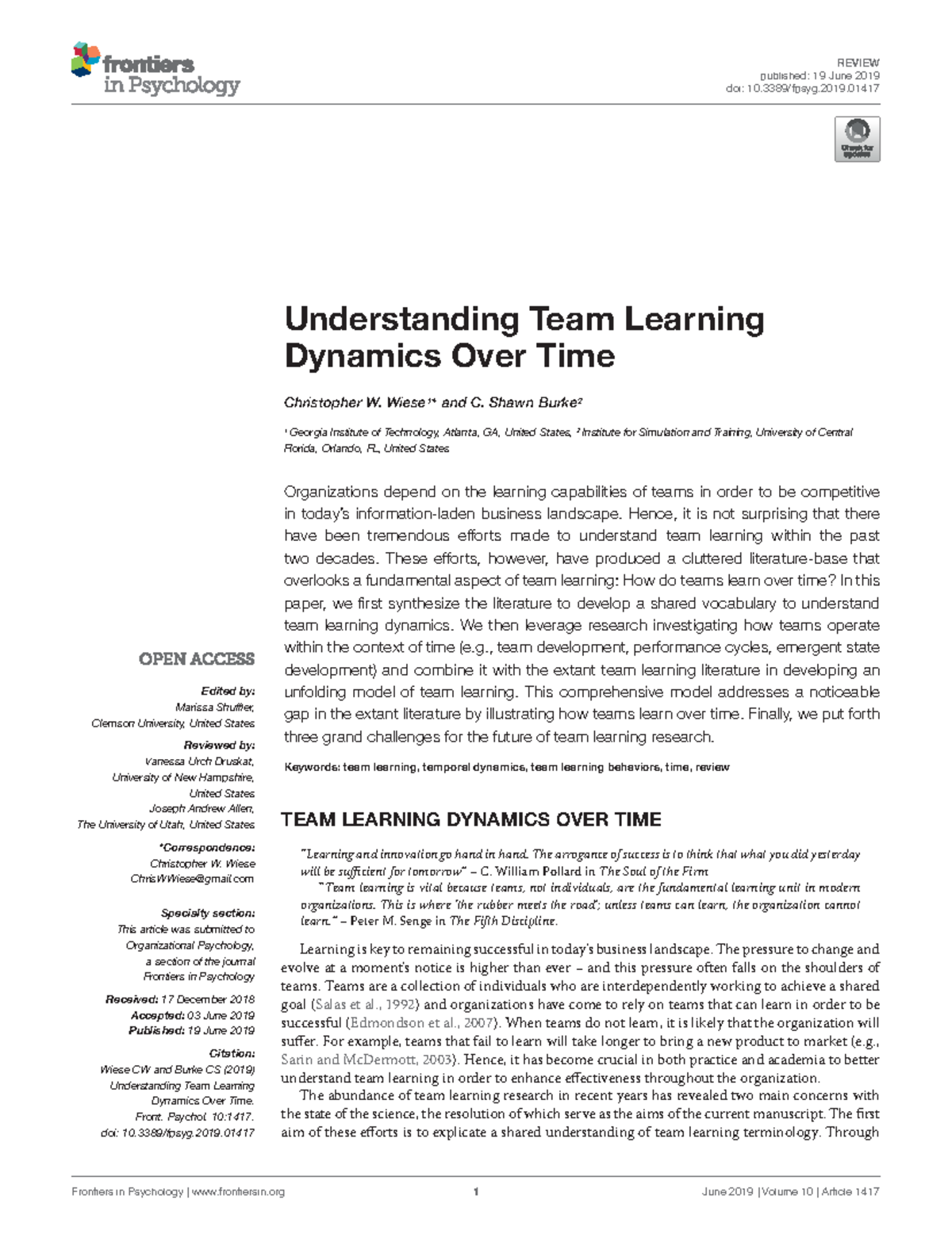 7. Understanding Team Learning - REVIEW published: 19 June 2019 doi: 10 ...