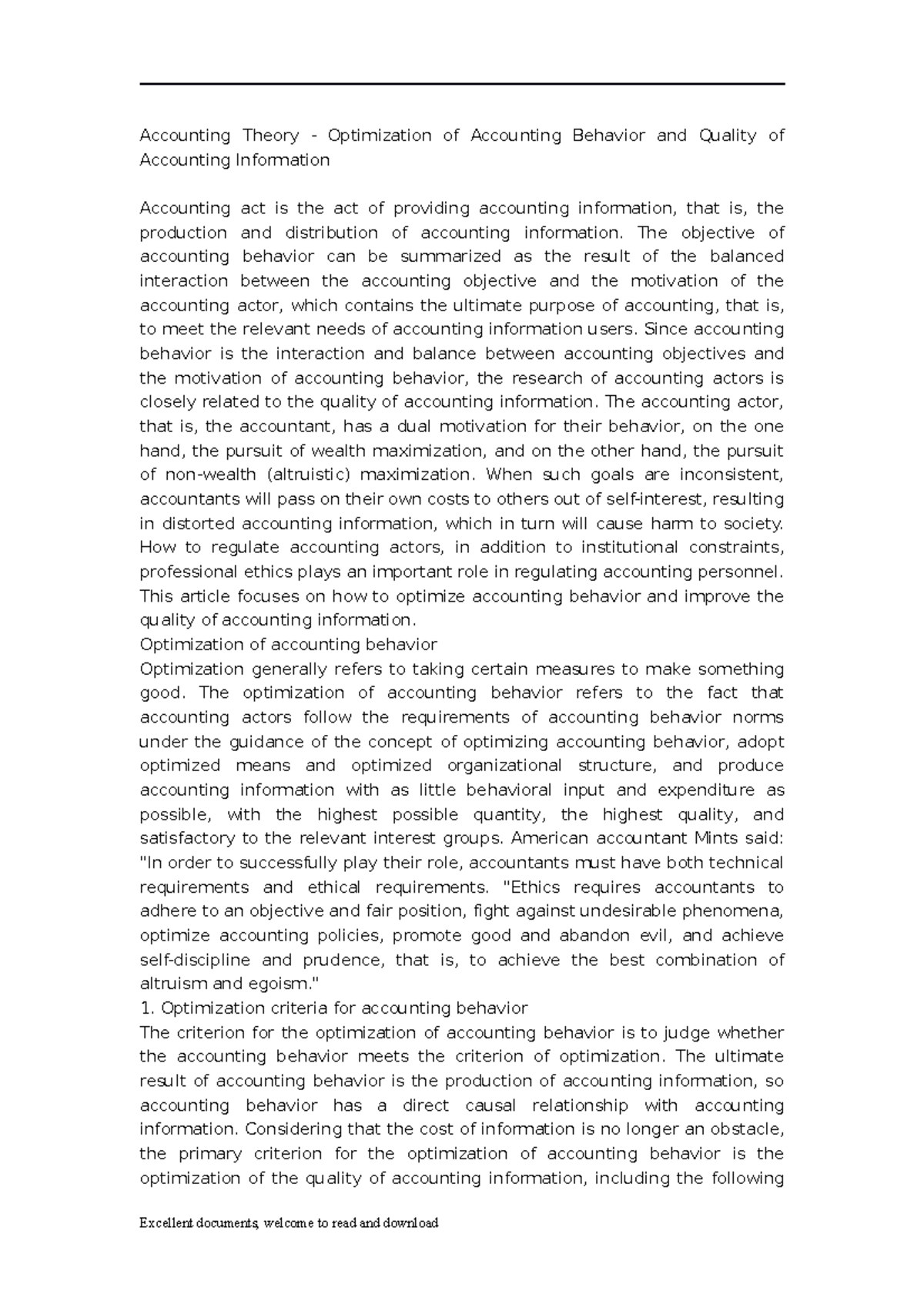 Accounting Theory - The objective of accounting behavior can be ...
