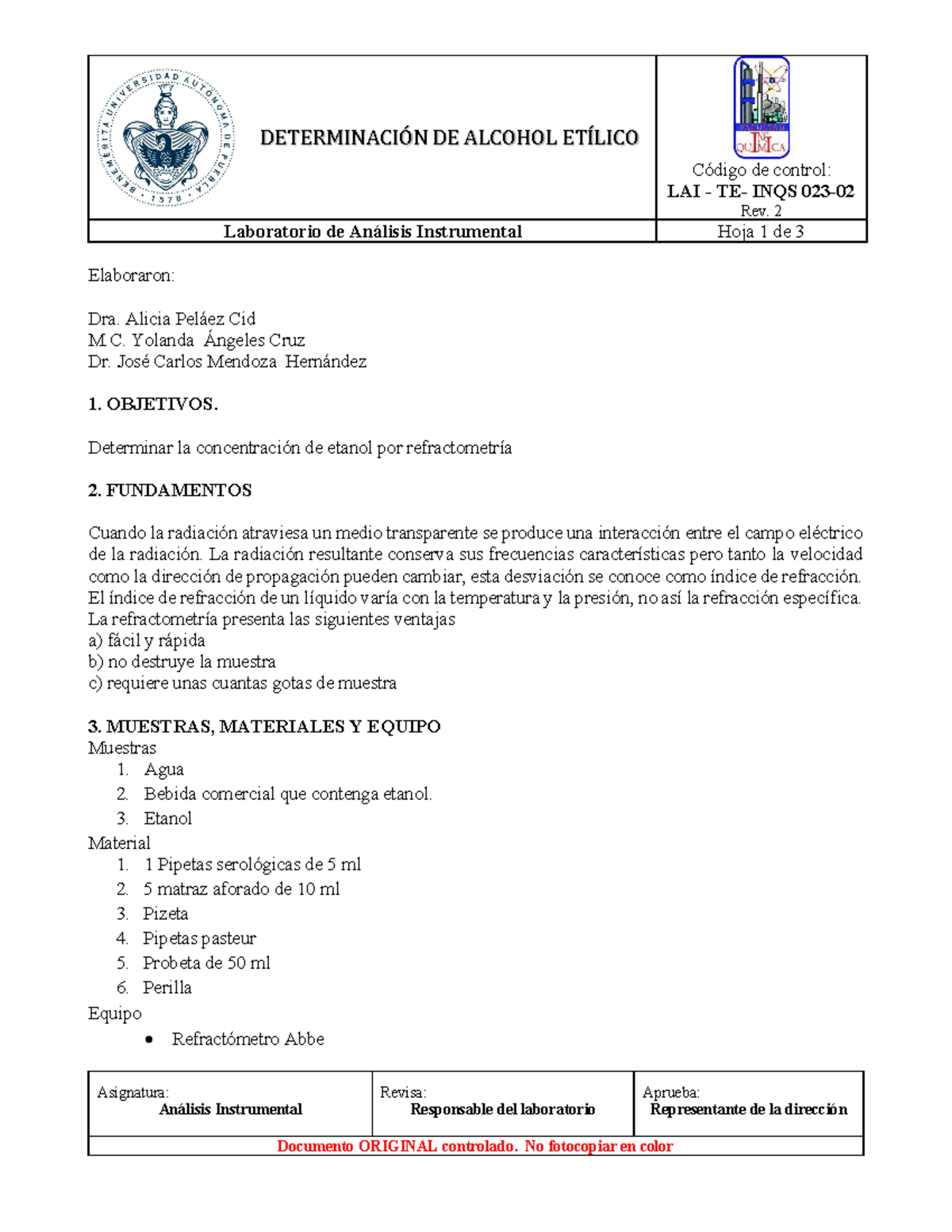 3 - Práctica de lab - DETERMINACIÓN DE ALCOHOL ETÍLICO Código de ...