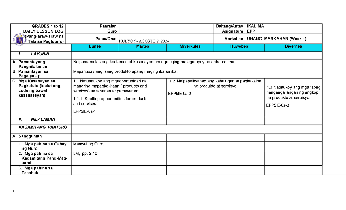 Epp 5 dll in elementary - GRADES 1 to 12 DAILY LESSON LOG (Pang-araw ...
