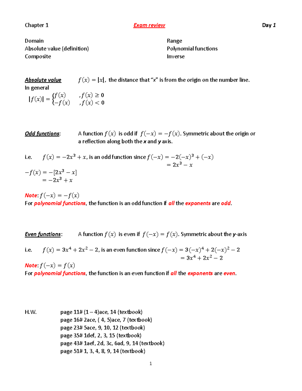 1 Chapter 1 Exam review - functions - 1 Chapter 1 Exam review Day 1 ...