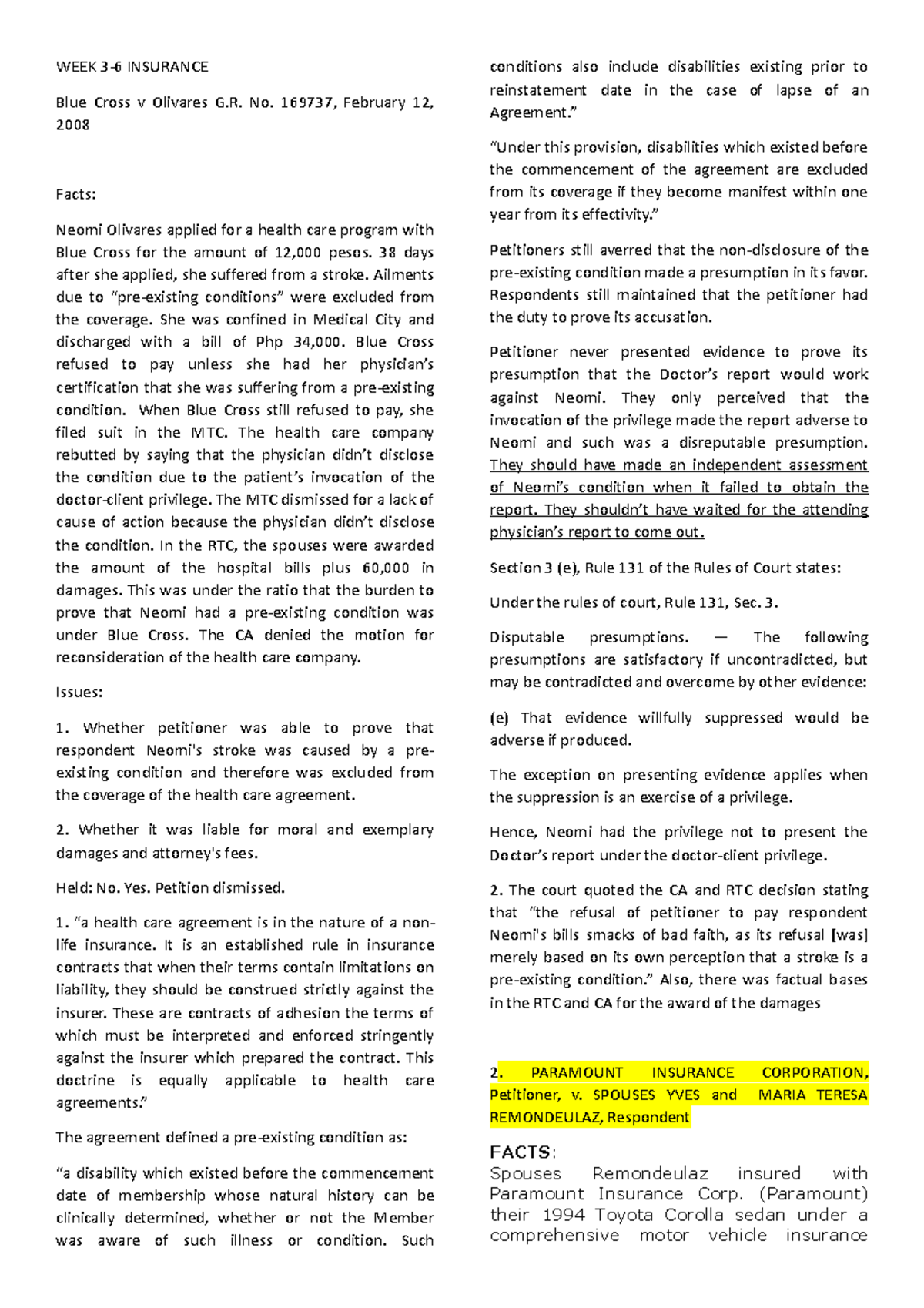 Insurance Cases WEEK 3-6 - WEEK 3-6 INSURANCE Blue Cross v Olivares G ...