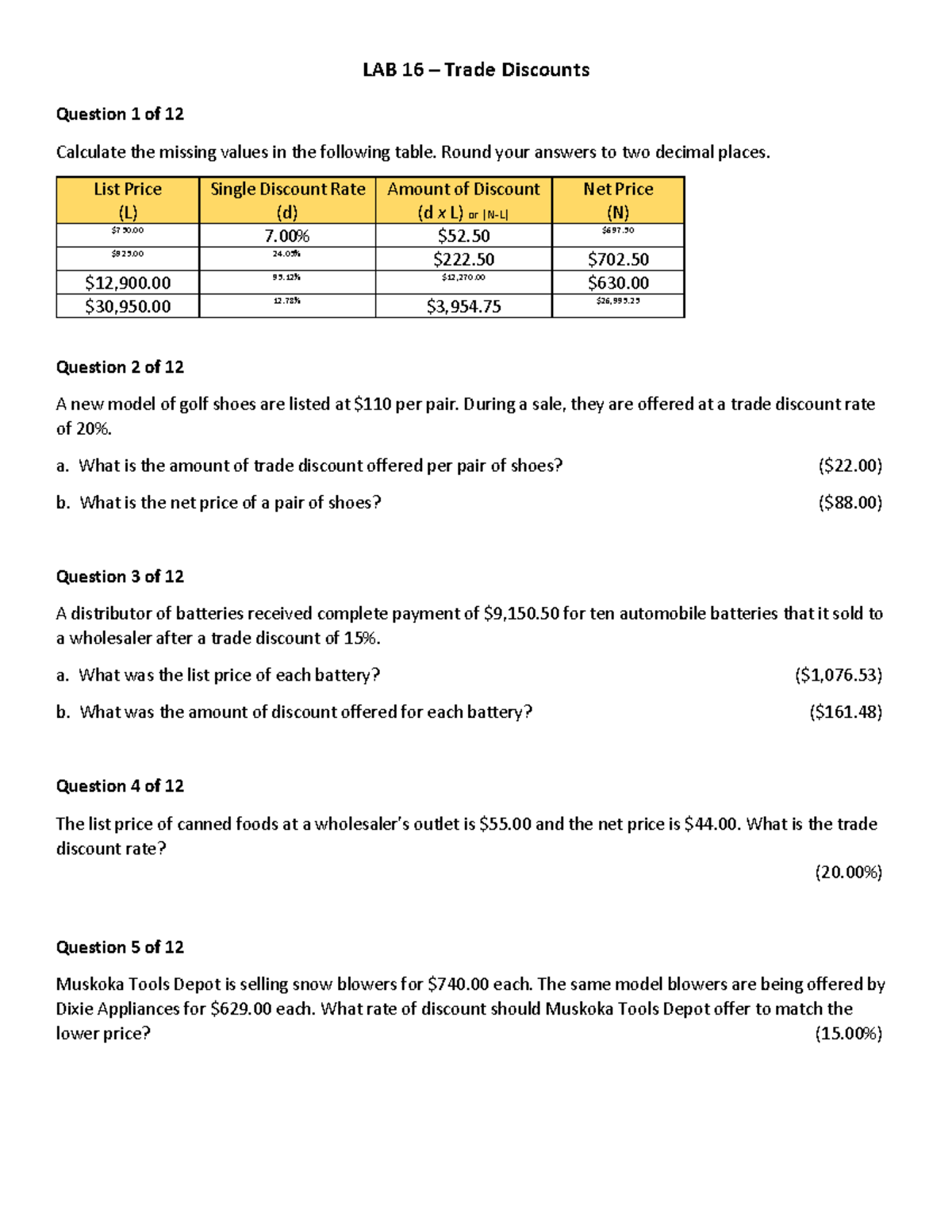 LAB 16 - Trade Discounts - LAB 16 – Trade Discounts Question 1 of 12 ...