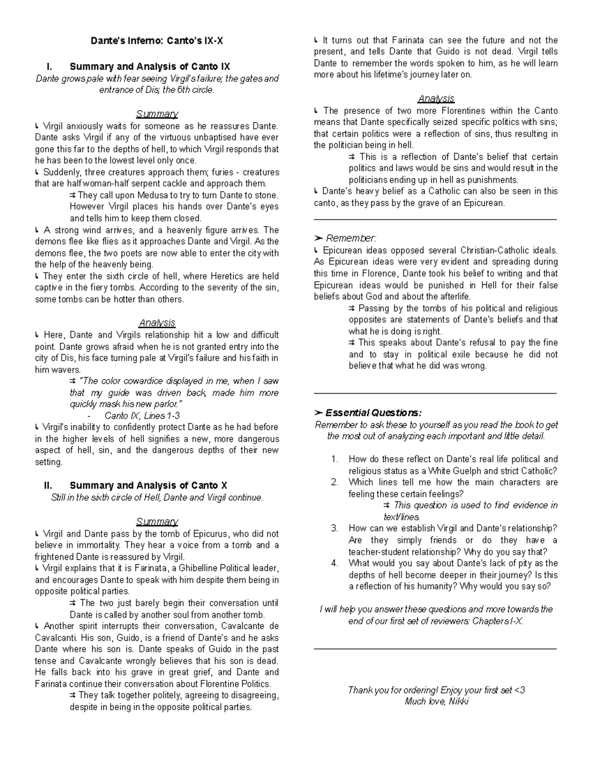 Dante's Inferno Canto's IX-X - Dante’s Inferno: Canto’s IX-X I. Summary ...