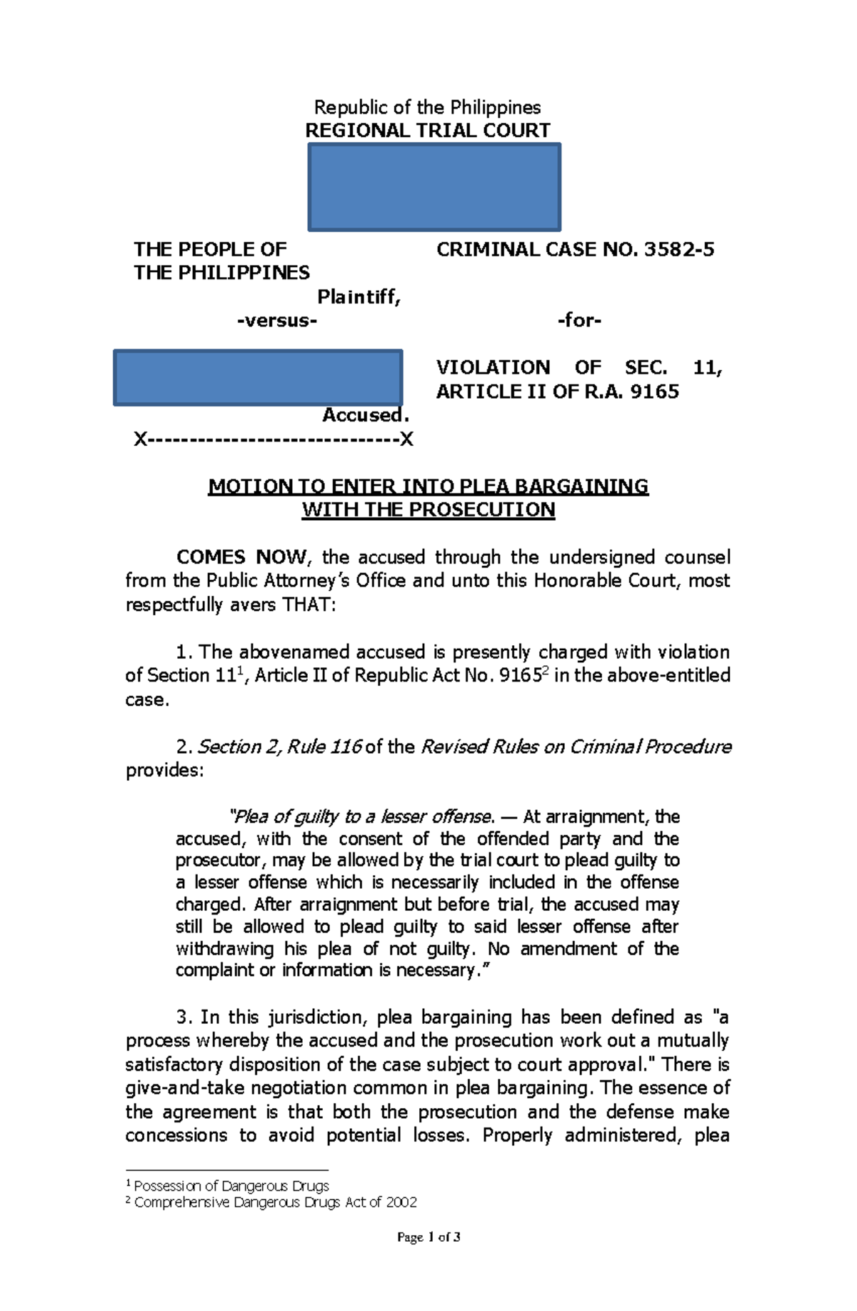 Motion to enter into plea-bargaining agreement - Page 1 of 3 Republic ...