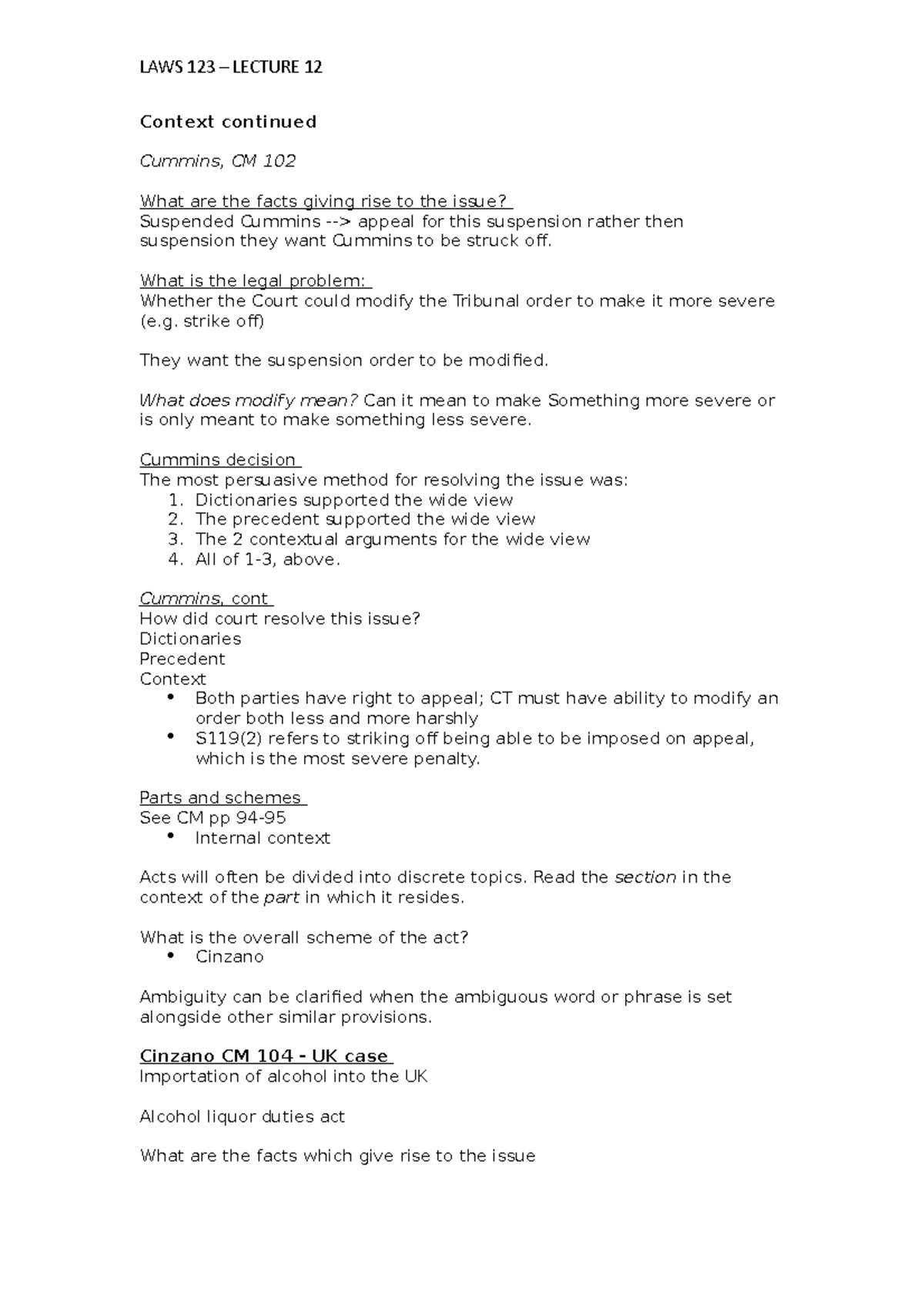 LAWS 123 – Lecture 12 - LAWS 123 – LECTURE 12 Context continued Cummins, CM 102 What are the ...