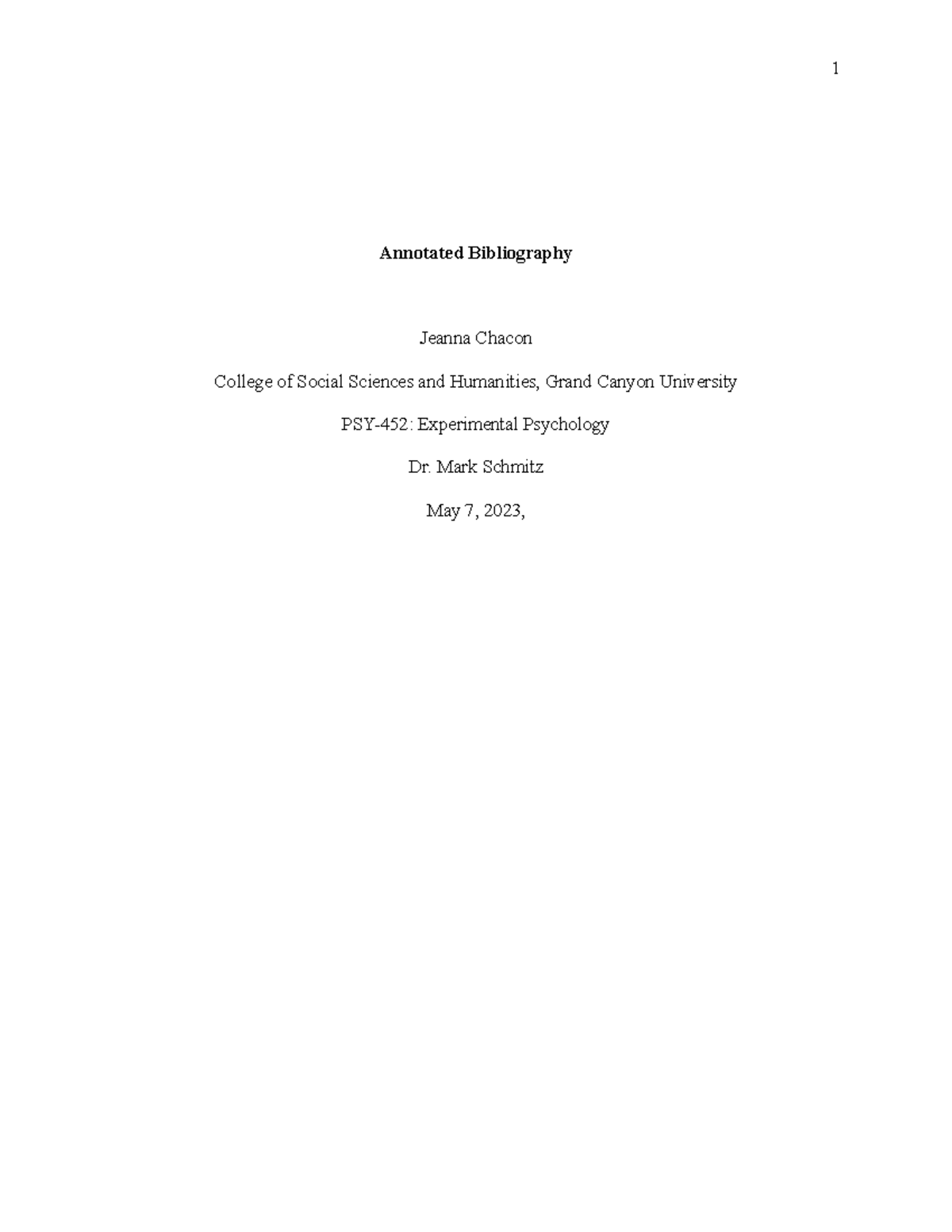 PSY-452 Annotated Bibliography - Annotated Bibliography Jeanna Chacon ...