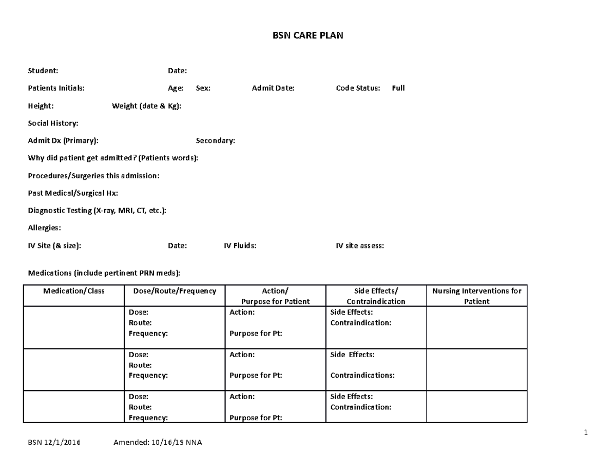 BSN Care Plan template - Student: Date: Patients Initials: Age: Sex ...
