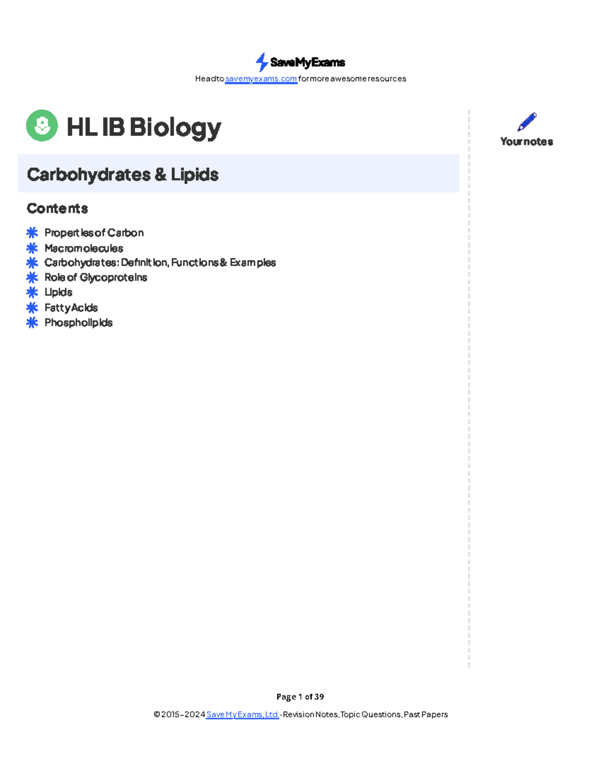 Lipids - Page 1 of 39 HL IB Biology Carbohydrates & Lipids Contents ...