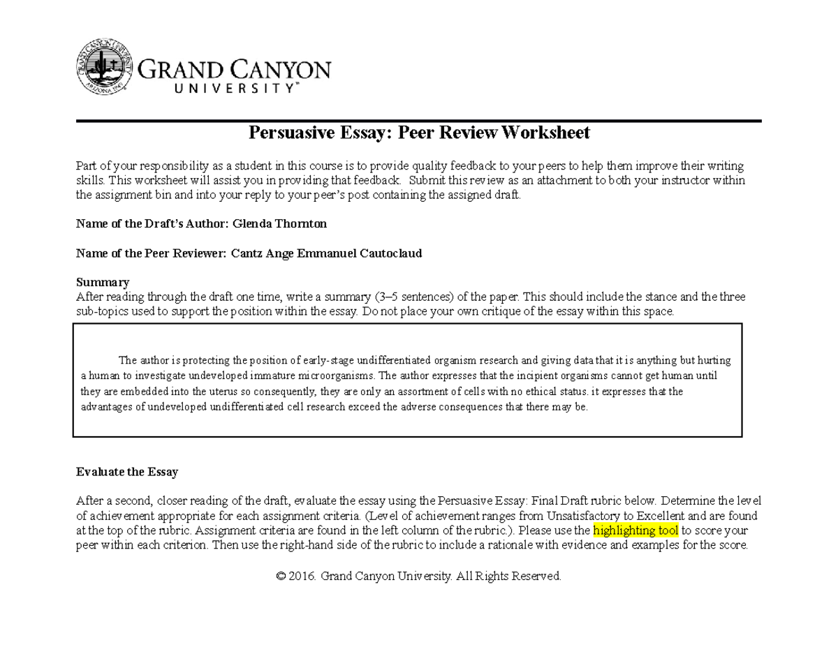 PHI-105 T-6 Persuasive Essay Peer Review Worksheet. (A) - Persuasive ...