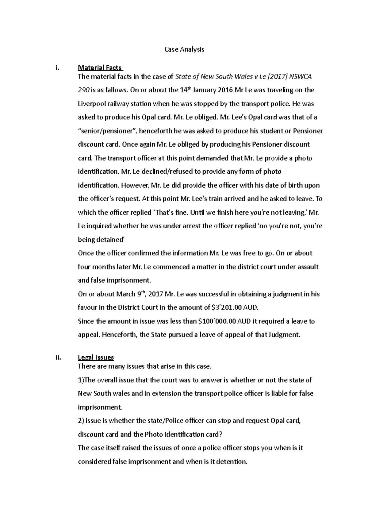 Case Analysis-Assignment -type 2 - Case Analysis i. Material Facts The ...