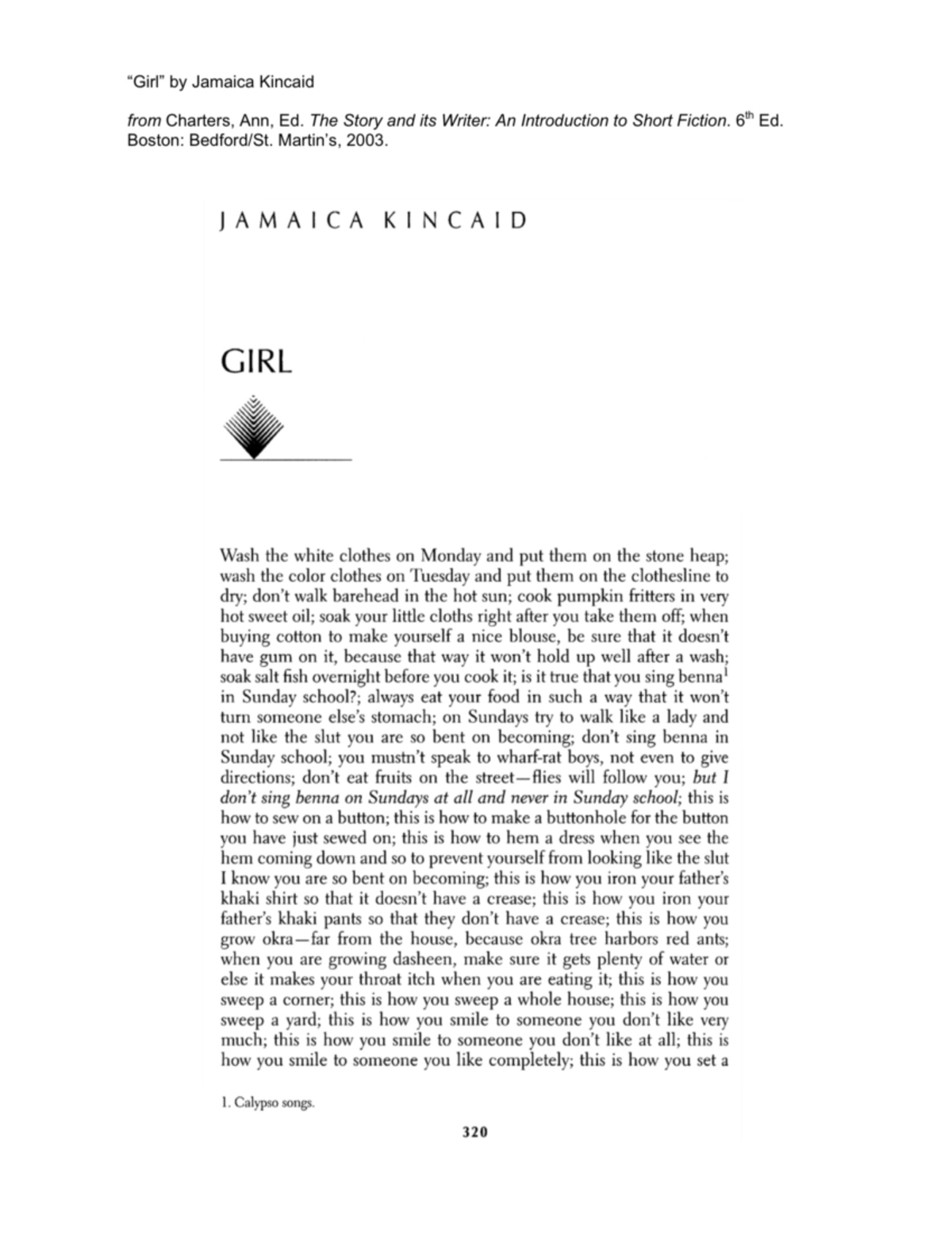 Jamaica Kincaid “Girl” Annotations - Jamaica Kincaid from Charters, Ann ...