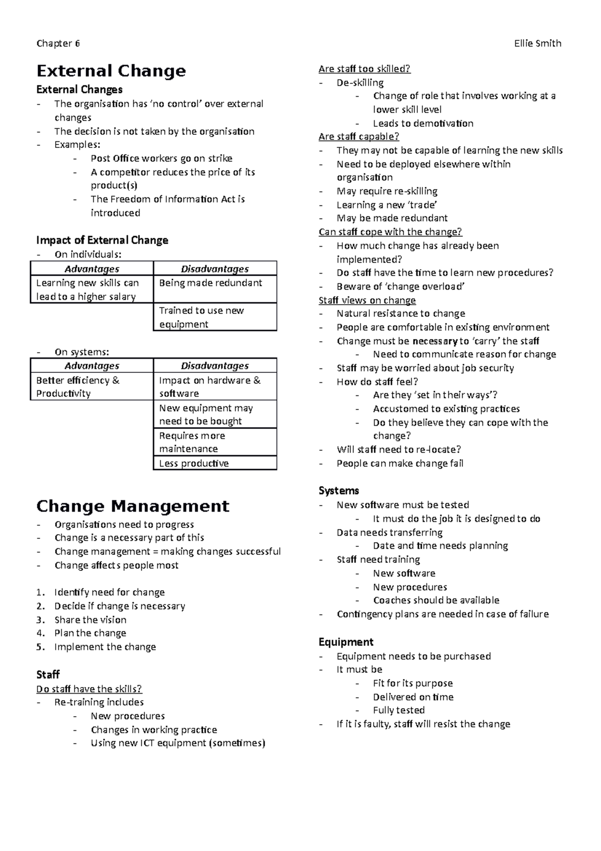 Change Management - Lecture notes all - Chapter 6 Ellie Smith External ...